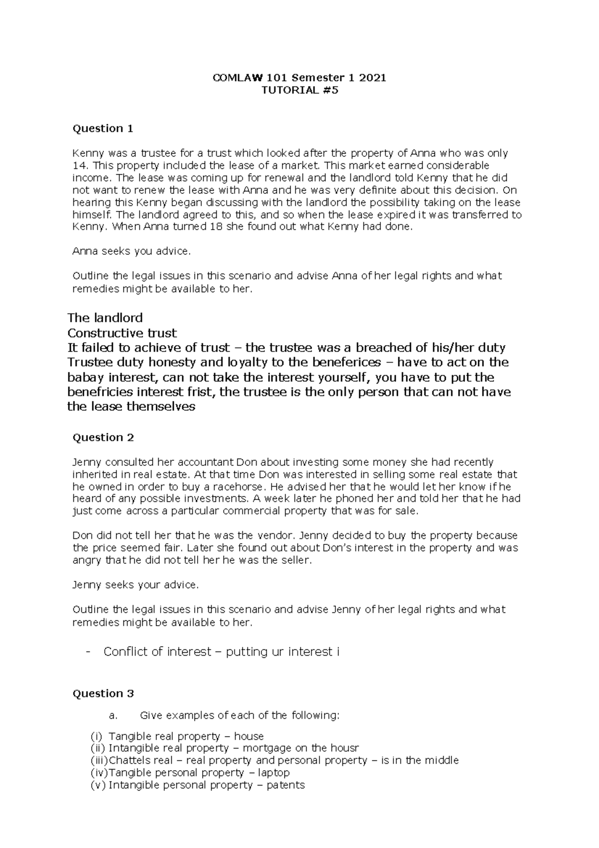 Comlaw 101 Tutorial Five 2020 Sem2 - Law in a Business Environment ...