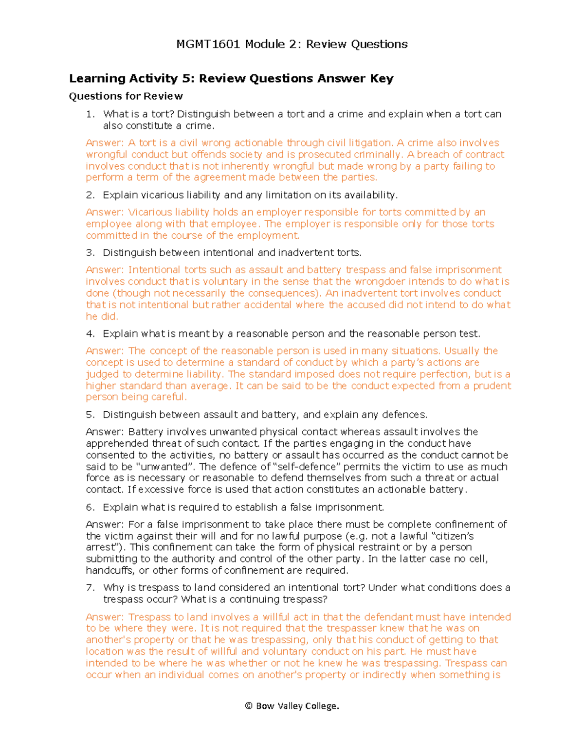 CH 2 Review Questions Answer Key - What is a tort? Distinguish between ...