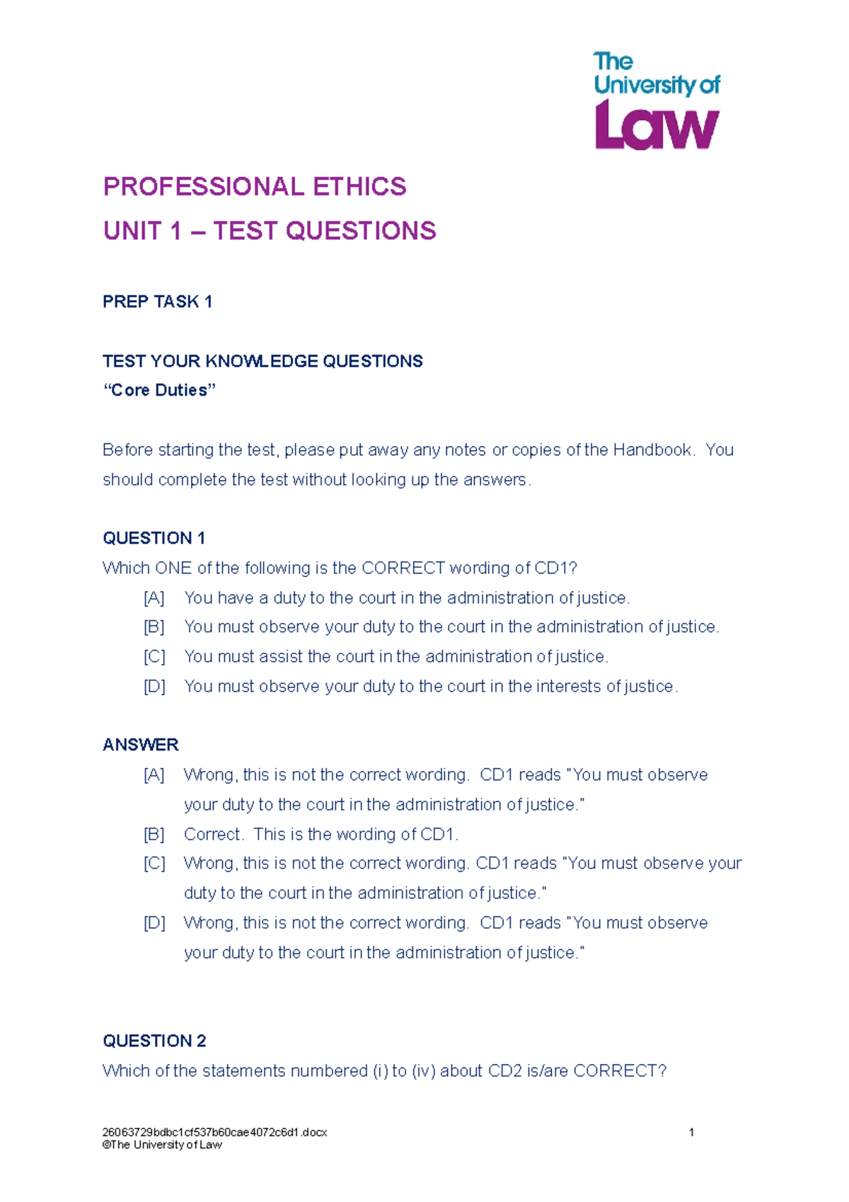 2122 eth unit01 ce01 prep task01 test questions - PROFESSIONAL ETHICS ...