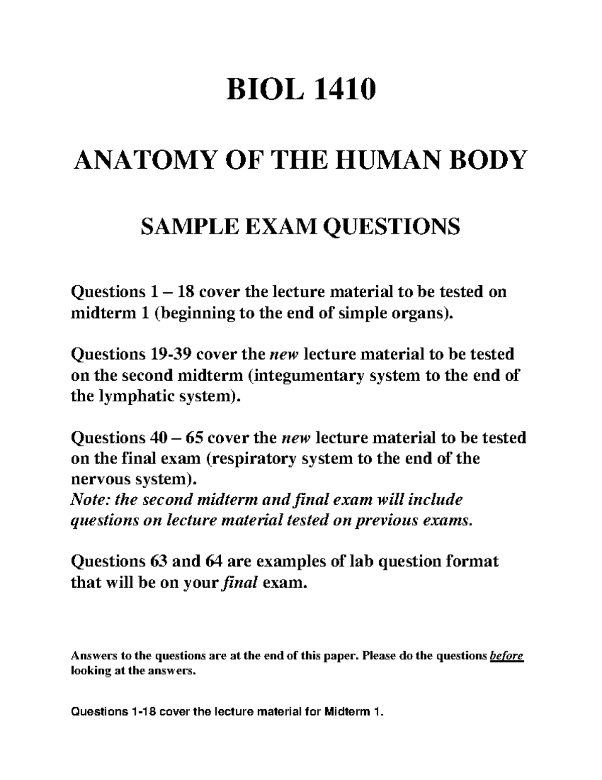1410 Sample 2019 - Practice exam for anatomy - BIOL 1410 ANATOMY OF THE ...
