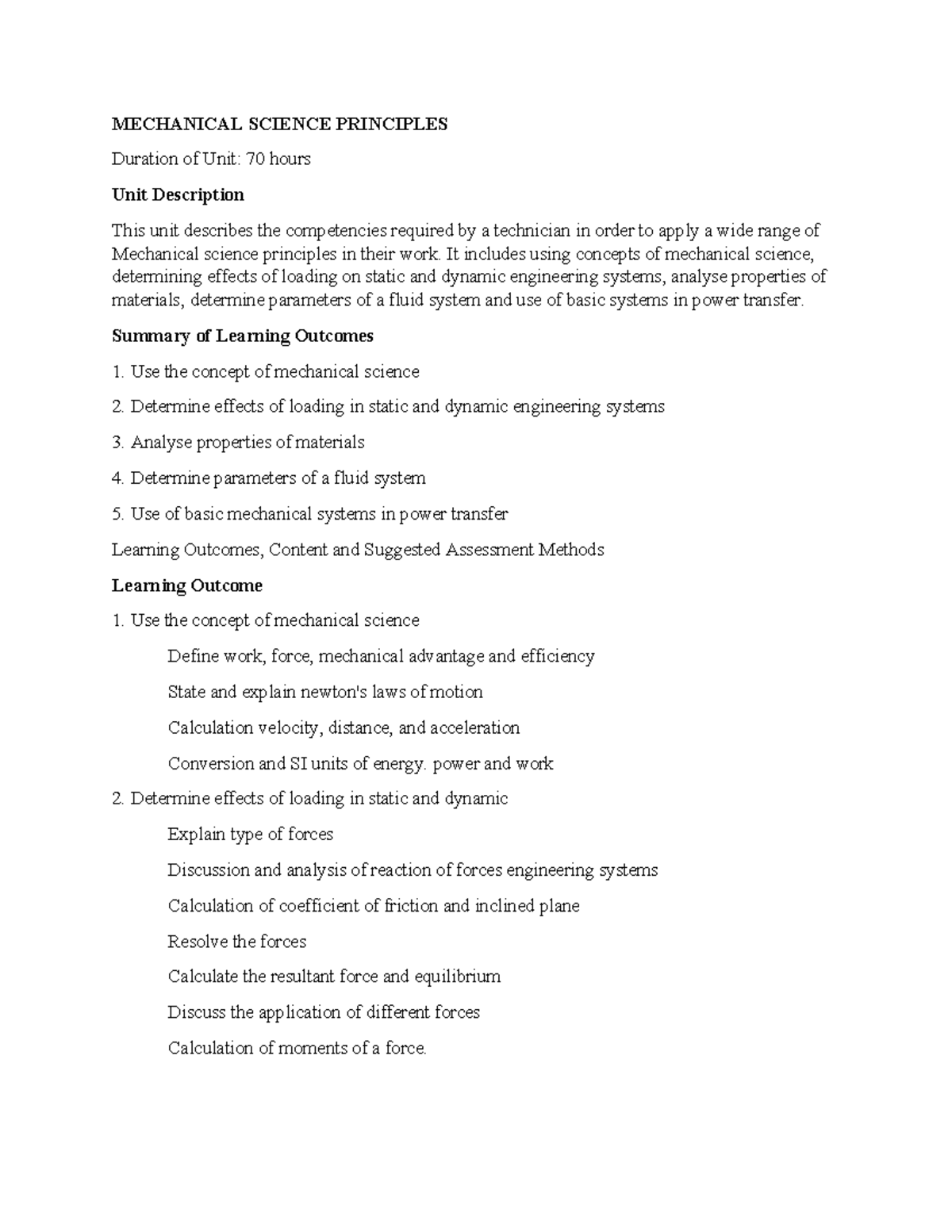 Mechanical Science Course Outline - MECHANICAL SCIENCE PRINCIPLES ...