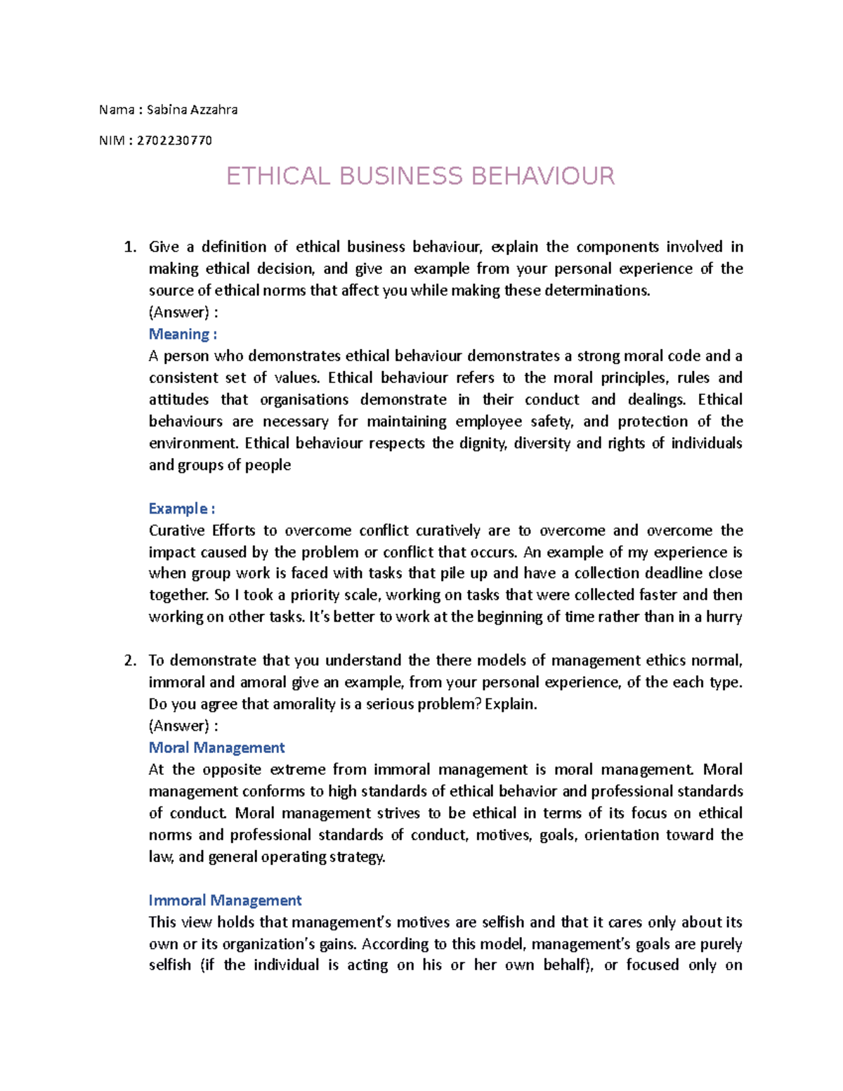 Ethical Behaviour - ethics & corporate governance - Nama : Sabina ...