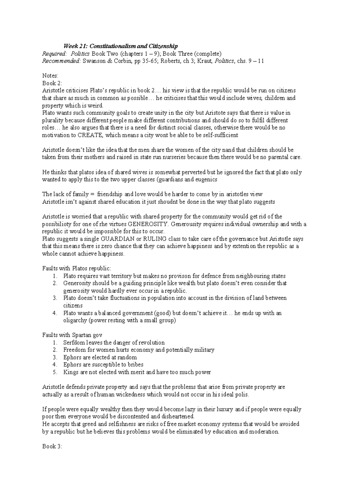 The politics Book 2 and 3 Constitutionalism and citizenship - Week 21: Constitutionalism and ...