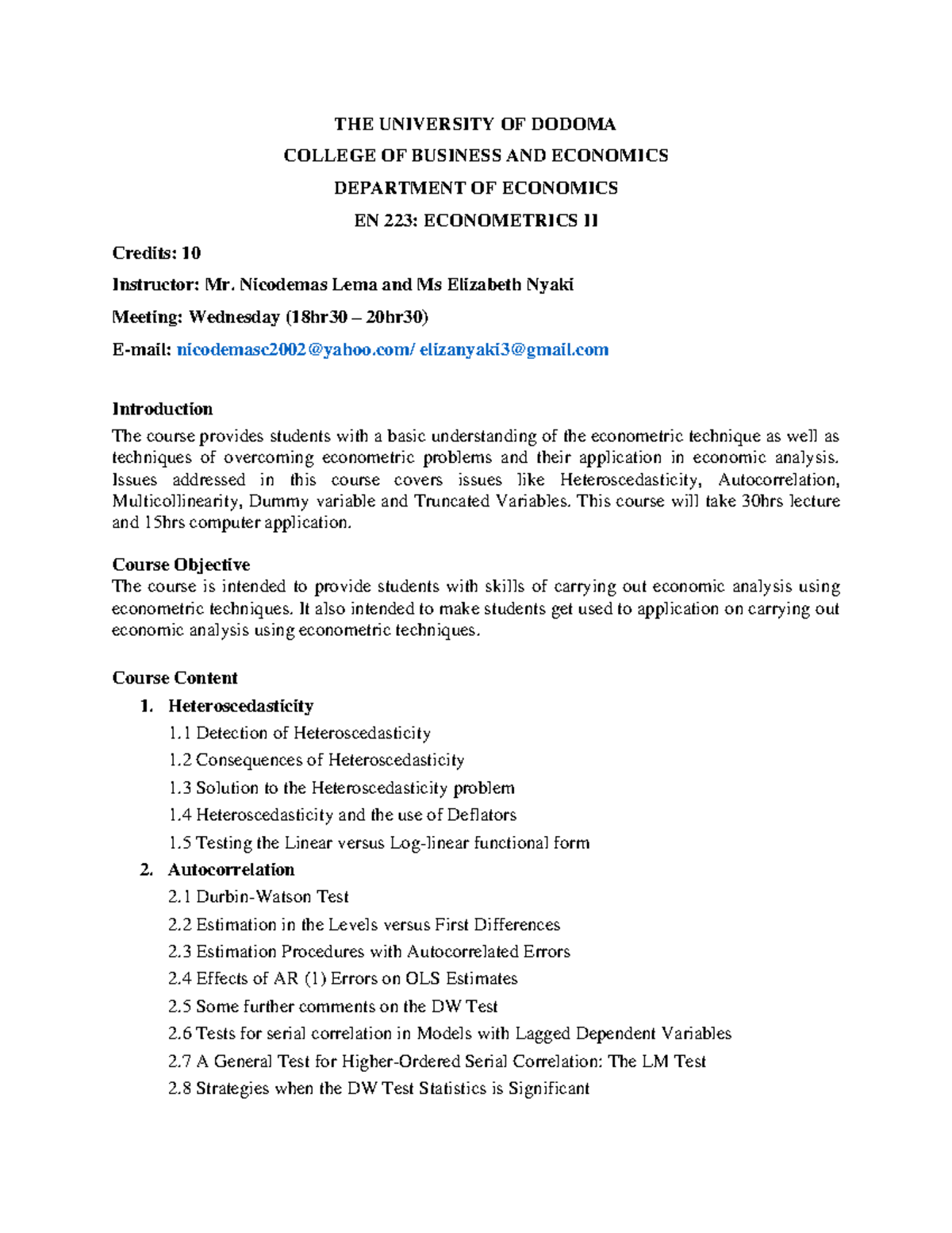 EN 223- Econometrics Course Content - THE UNIVERSITY OF DODOMA COLLEGE ...