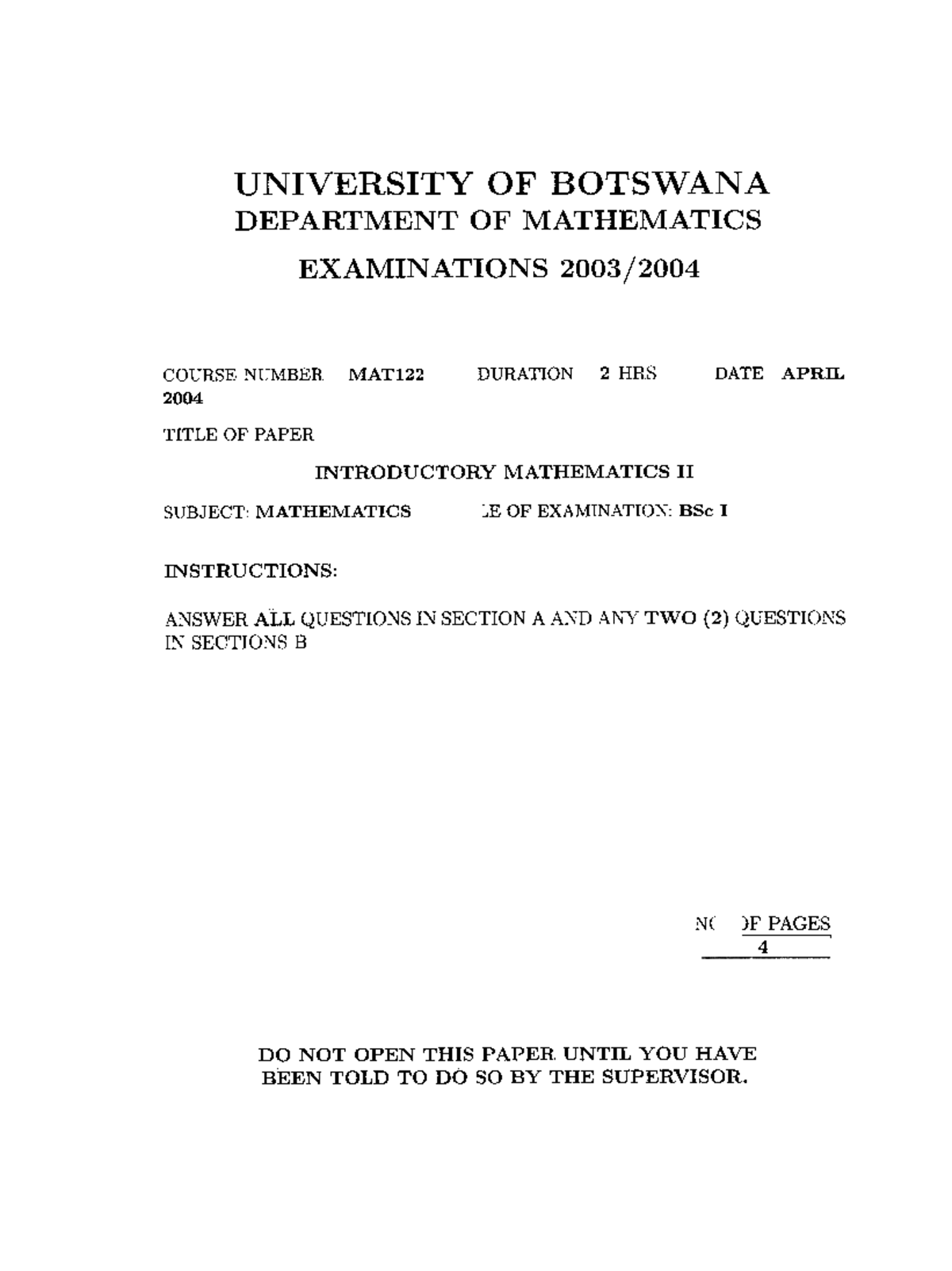 MAT122 EXAM2003 - Exam questions - UNIVERSITY OF BOTS"WANA DEPARTMENT ...