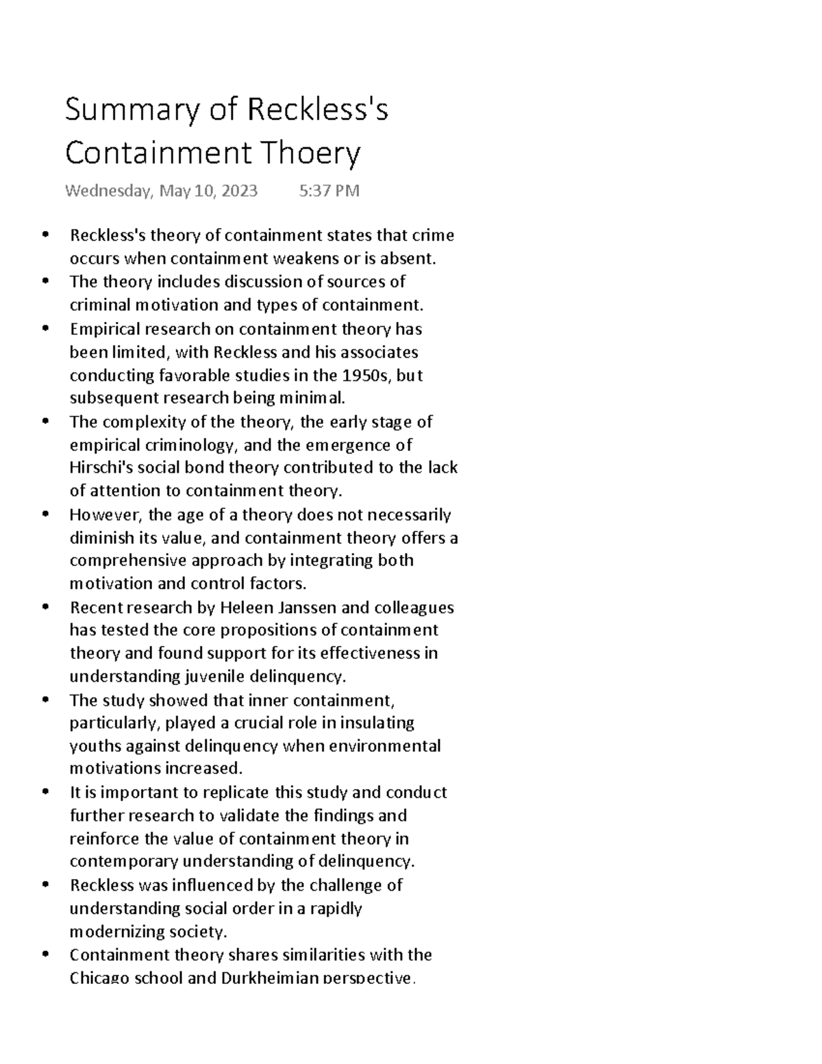 Summary of Reckless's Containment Theory - Reckless's theory of ...