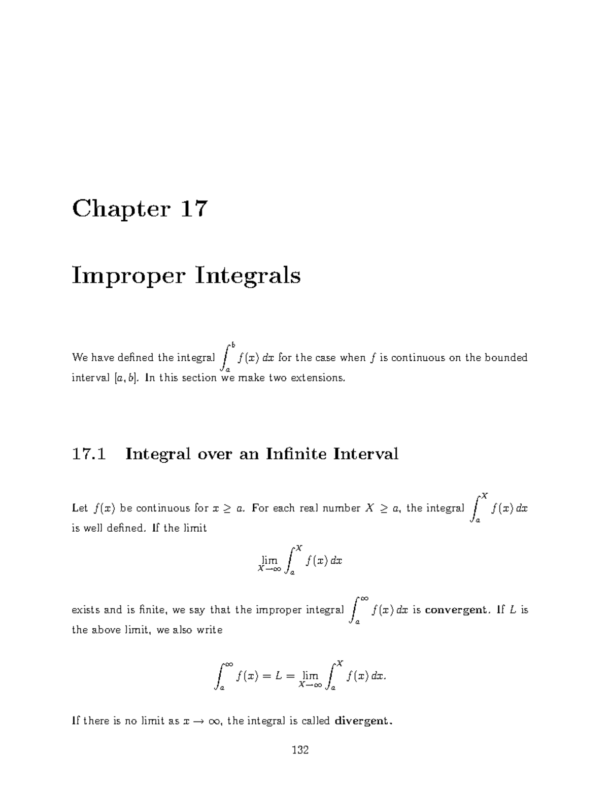 MATH102 Lecture 17 2010 - Chapter 17 Improper Integrals We have defined the integral ∫b a f(x ...