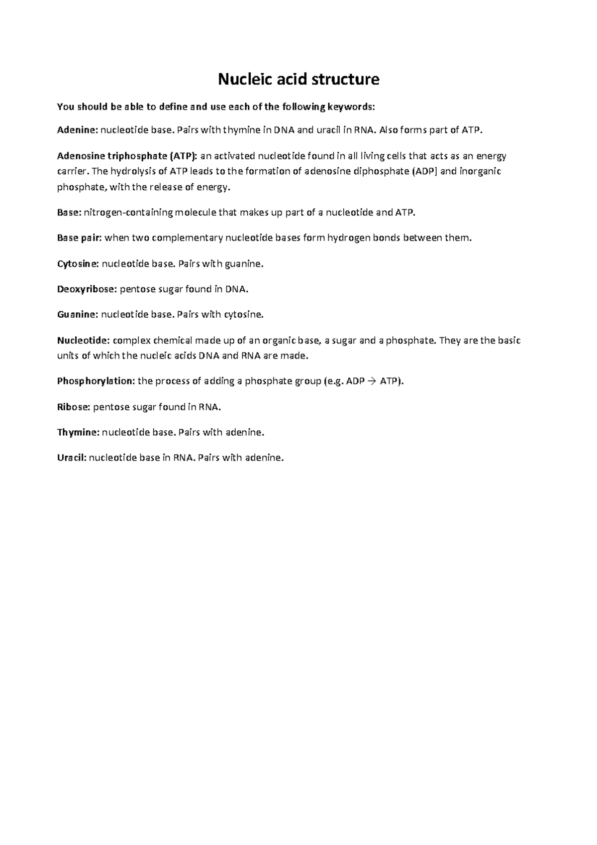 Nucleic acid structure Questions ONLY - Nucleic acid structure You should be able to define and ...