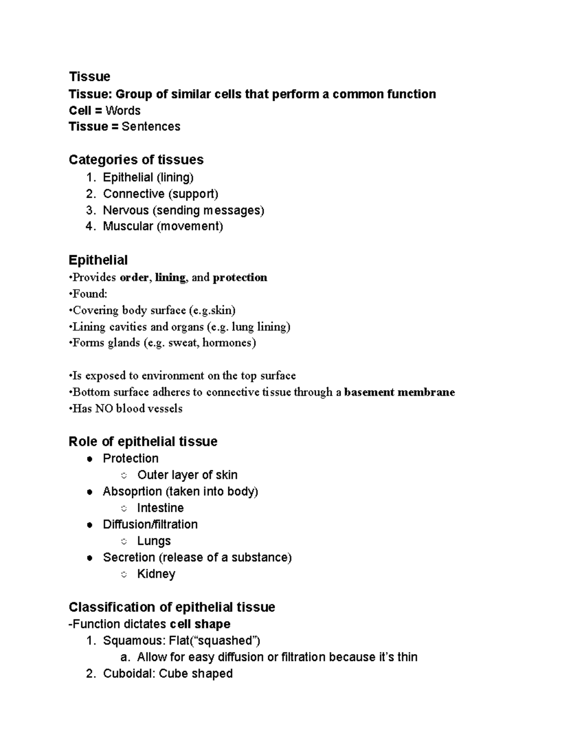 Module 4 - Notes - Tissue Tissue: Group of similar cells that perform a ...