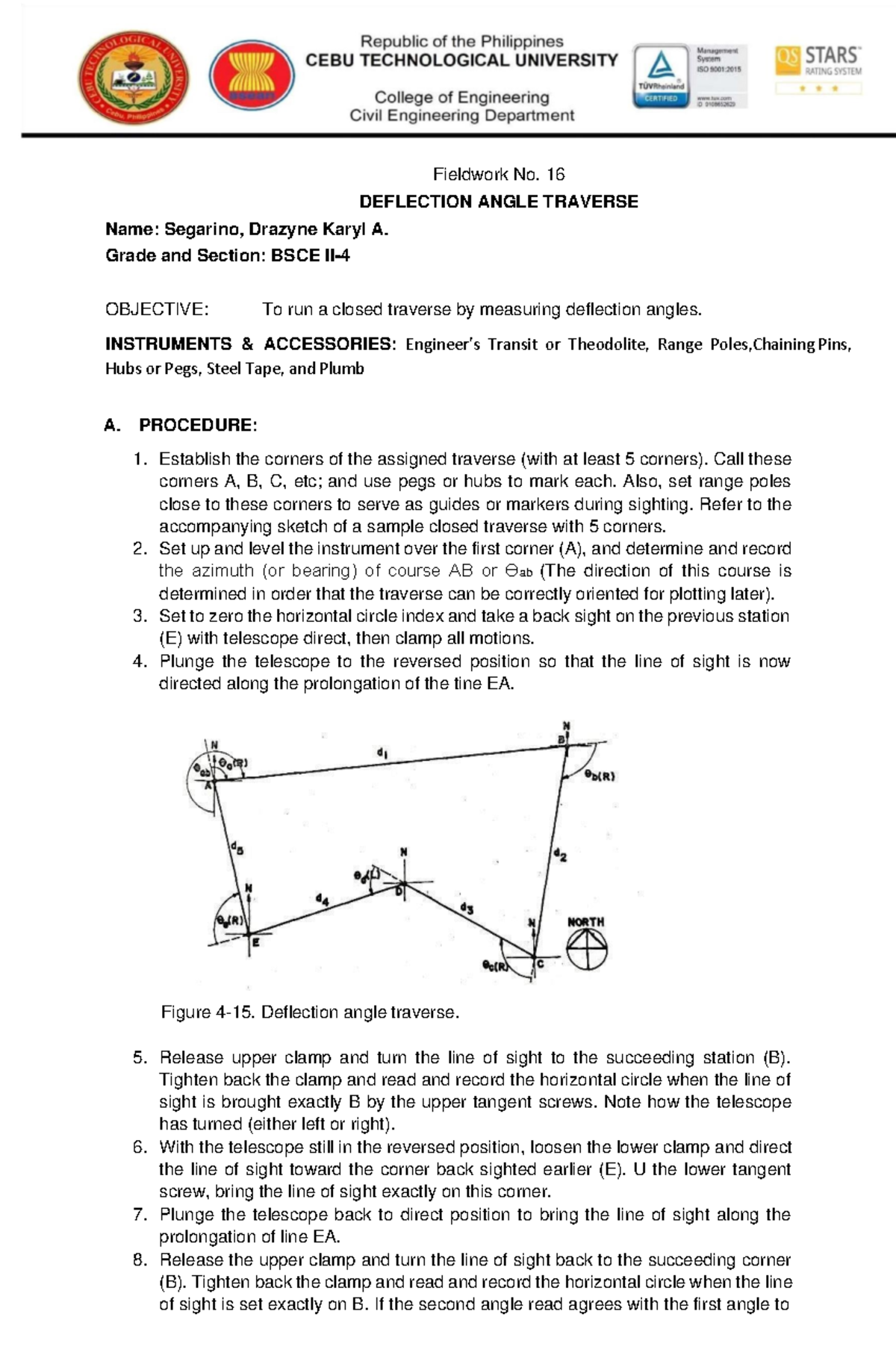 Segarino BSCE II-4 Fieldwork 16 - Fieldwork No. 16 DEFLECTION ANGLE ...