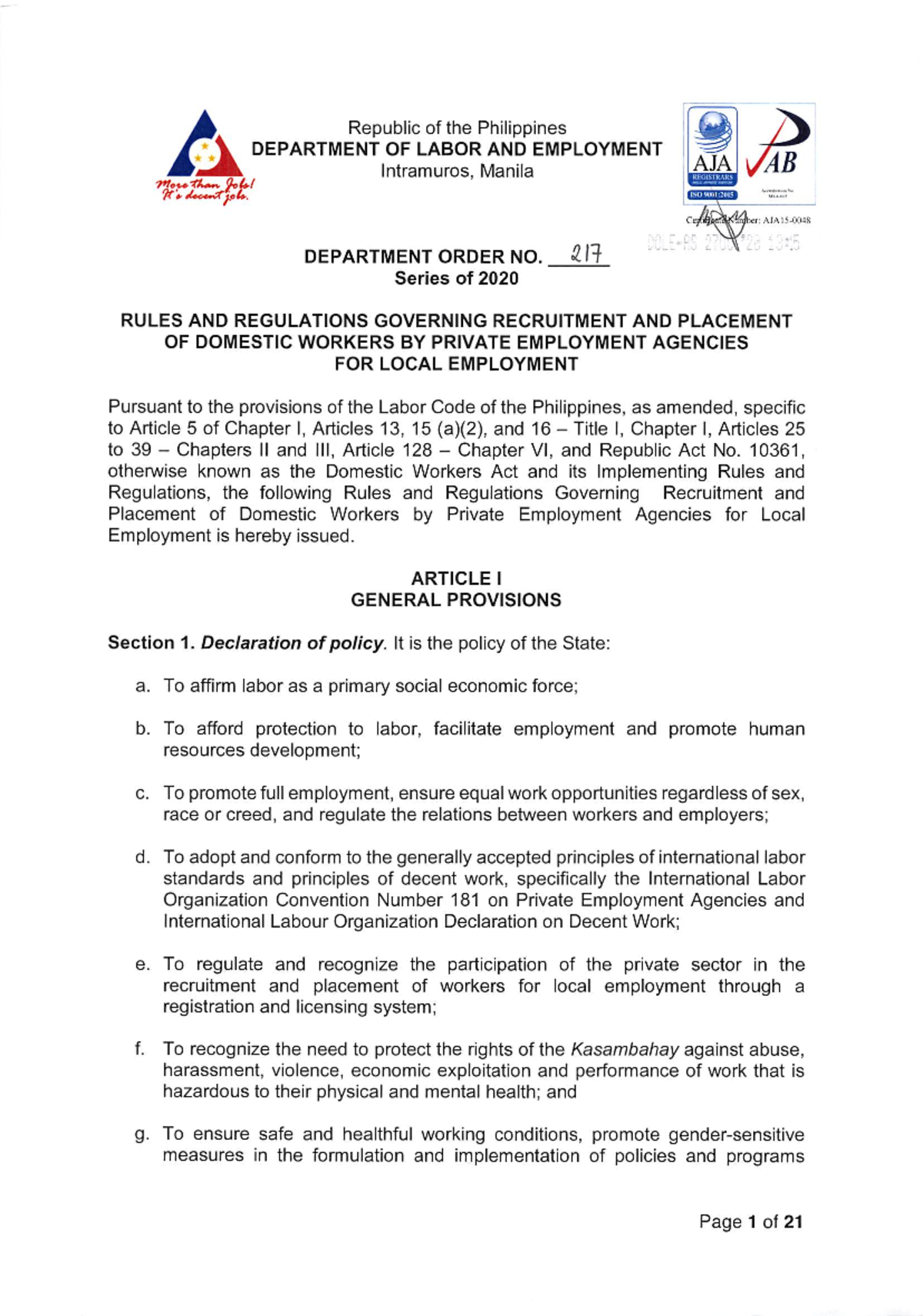 Rules and Regulations Governing Recruitment and Placement of Domestic ...