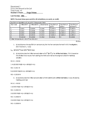 CHEM 110 L - Experiment 4 Kinetics at Work - Experiment 4 Kinetics at Work Total Points: 43 ...