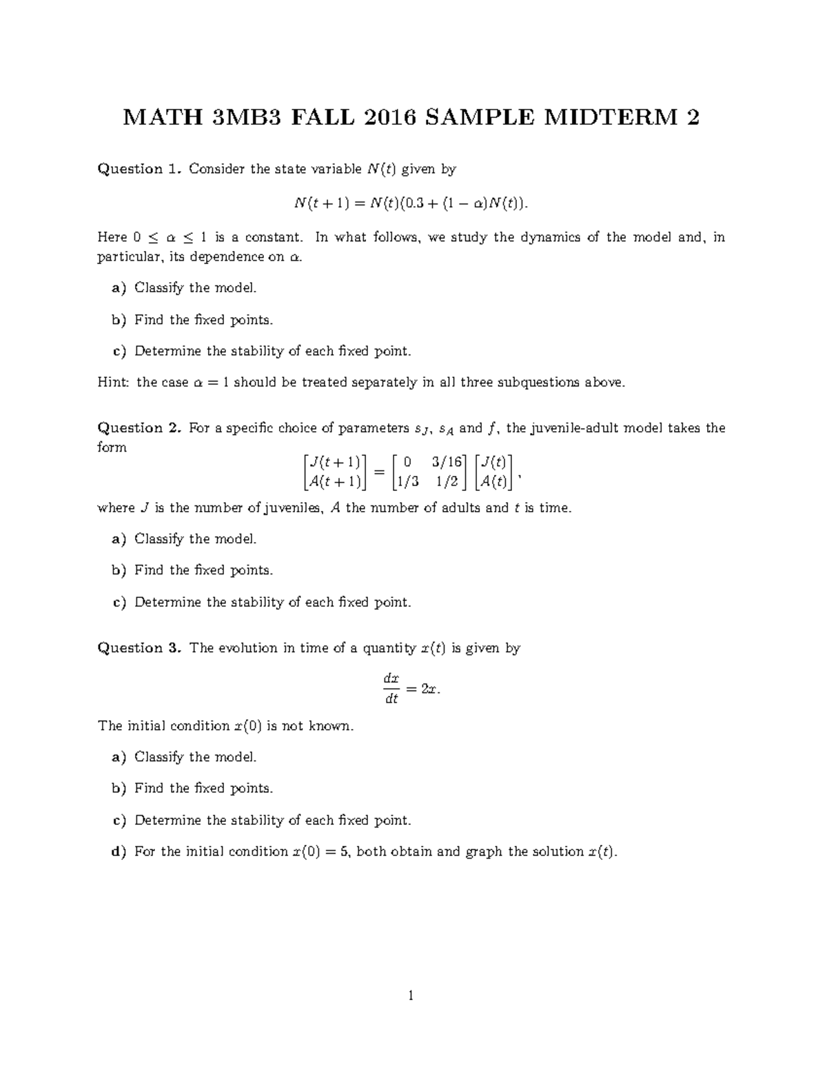 Midterm 2 11 October, questions - MATH 3MB3 FALL 2016 SAMPLE MIDTERM 2 ...