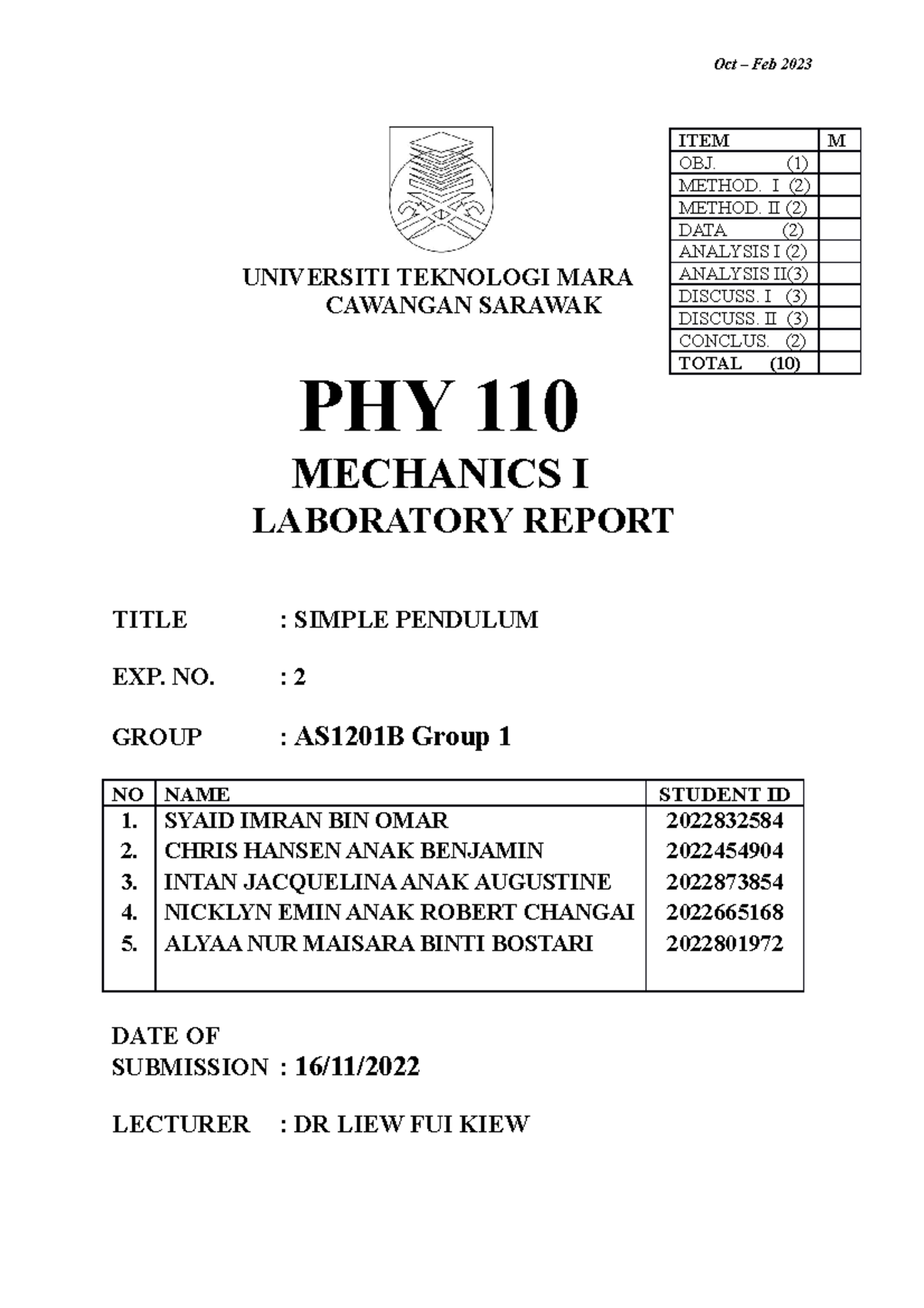 PHY110 Lab Report exp 2 (pendulum) - UNIVERSITI TEKNOLOGI MARA CAWANGAN SARAWAK PHY 110 ...