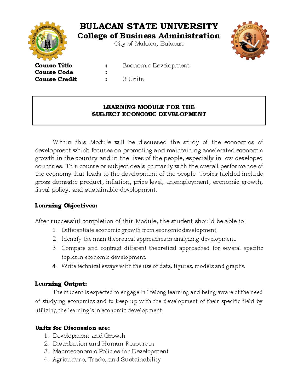 Econ Dev Module 1 - BULACAN STATE UNIVERSITY College of Business ...
