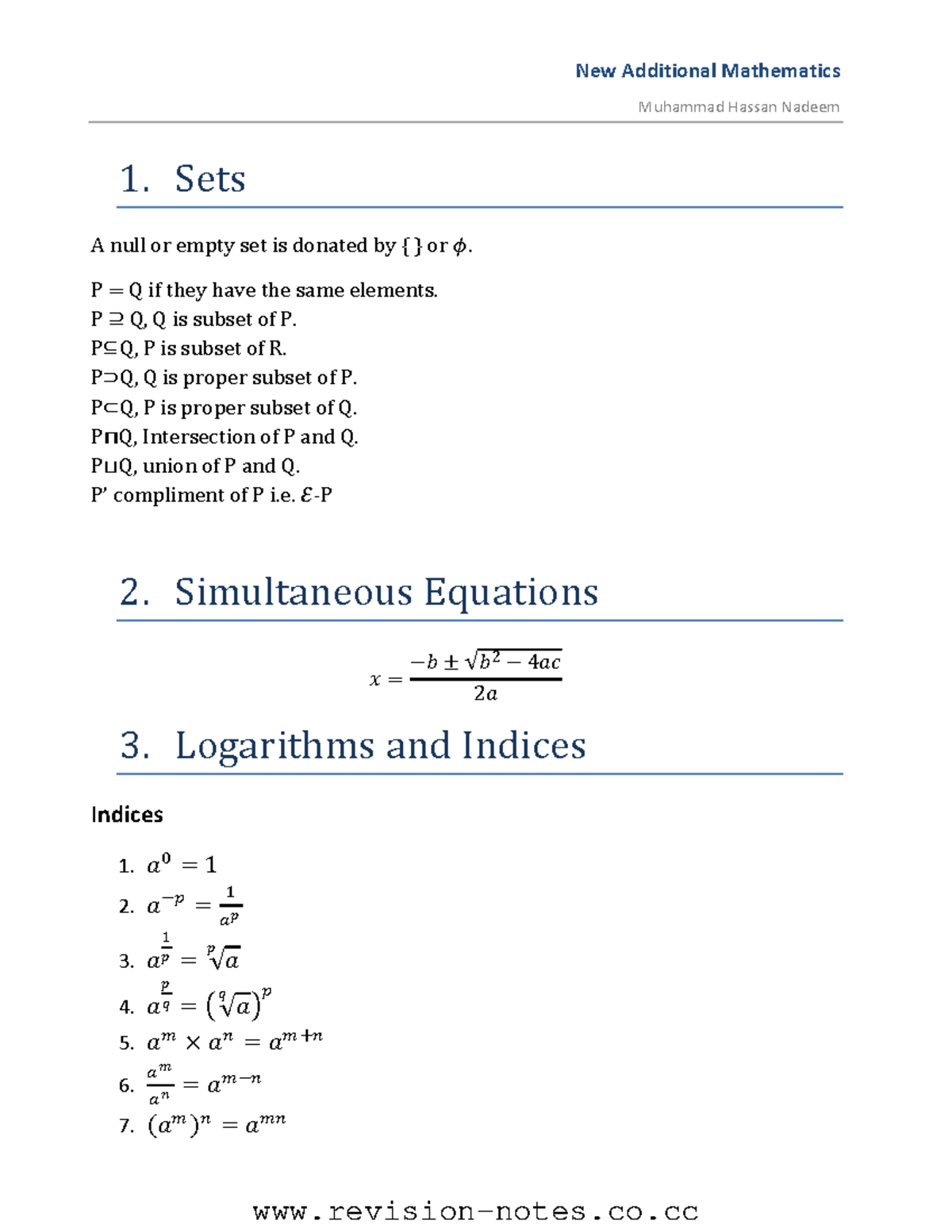 Add-maths formula sheet - Muhammad Hassan Nadeem 1. Sets A null or ...