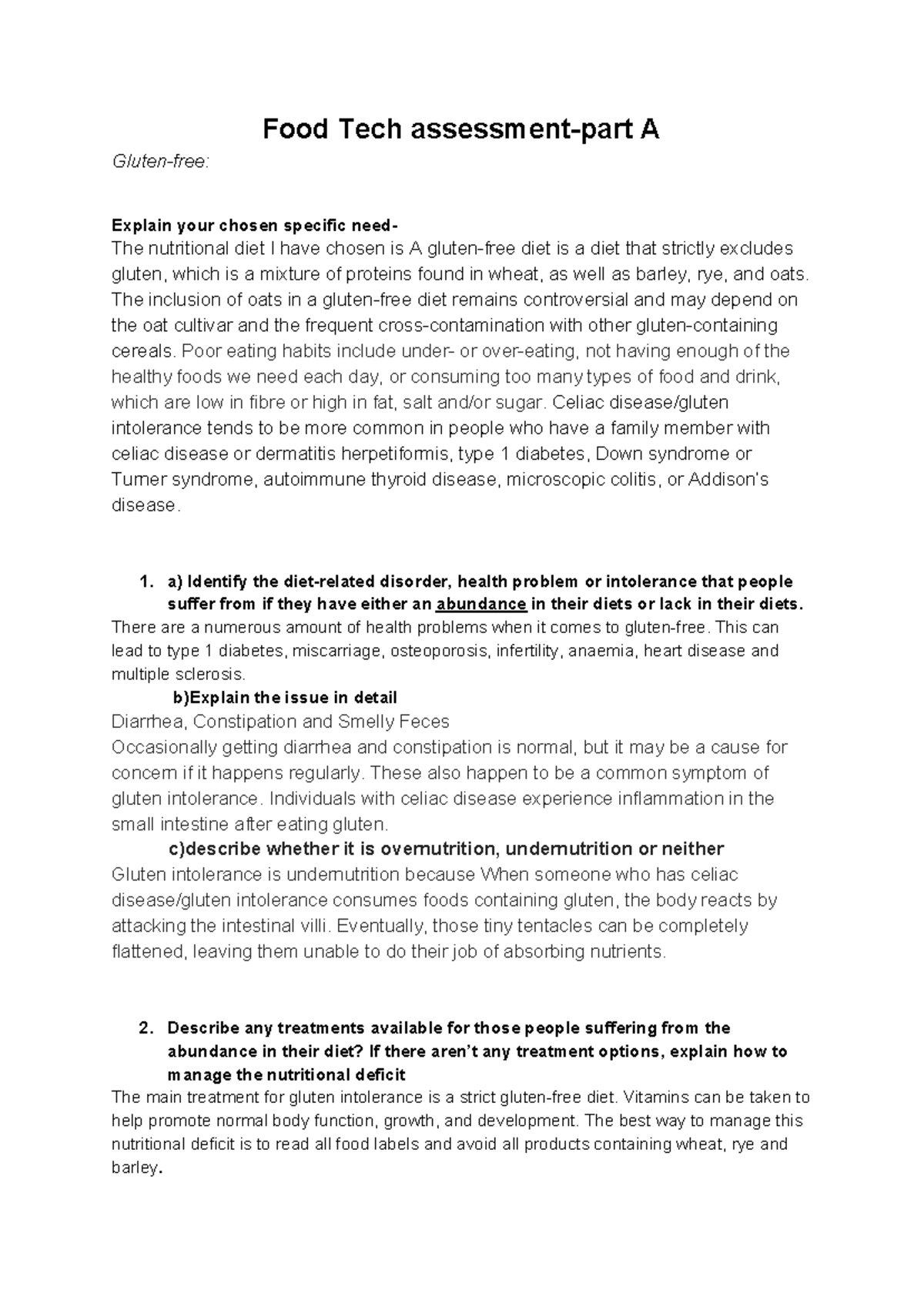 Food tech assesment - Food Tech assessment-part A Gluten-free: Explain ...