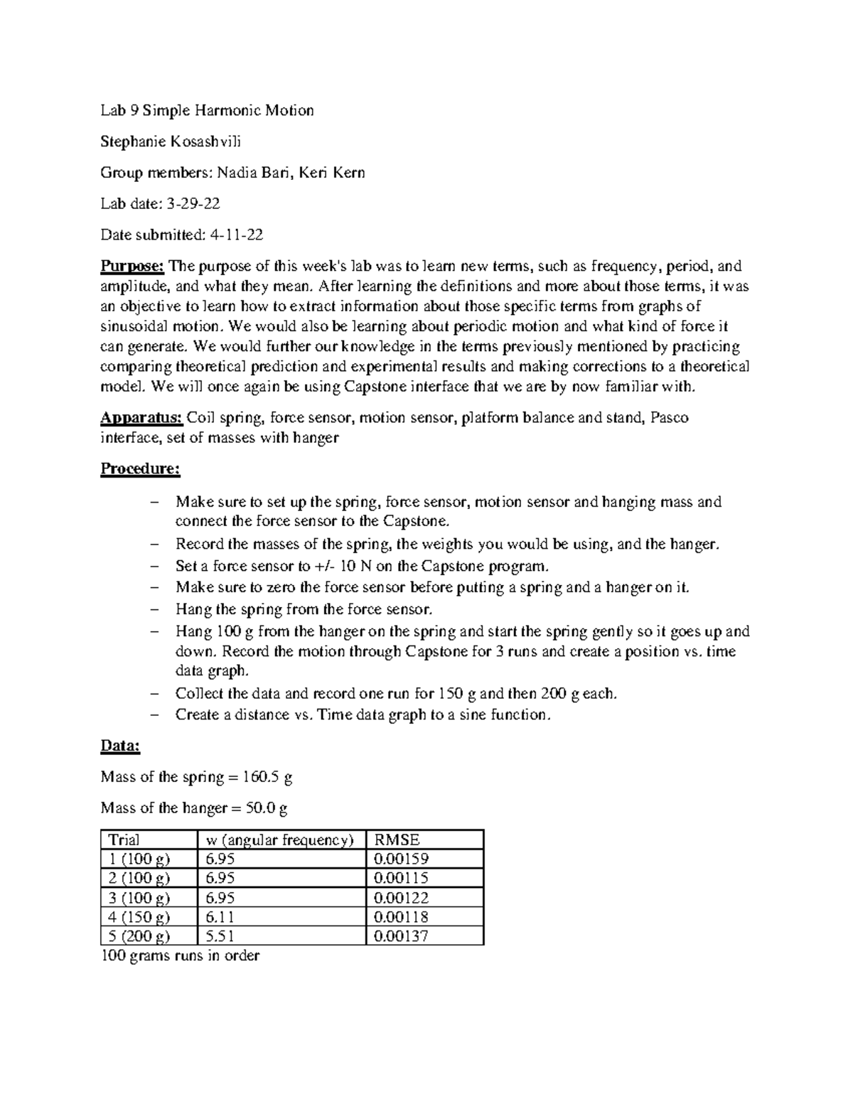 Lab 9 - Simple Harmonic Motion - Lab 9 Simple Harmonic Motion Stephanie Kosashvili Group members ...