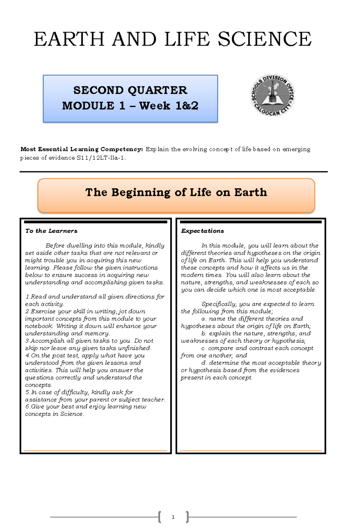 Earth and Life Science Q2 Weeks 1 2 - Most Essential Learning ...