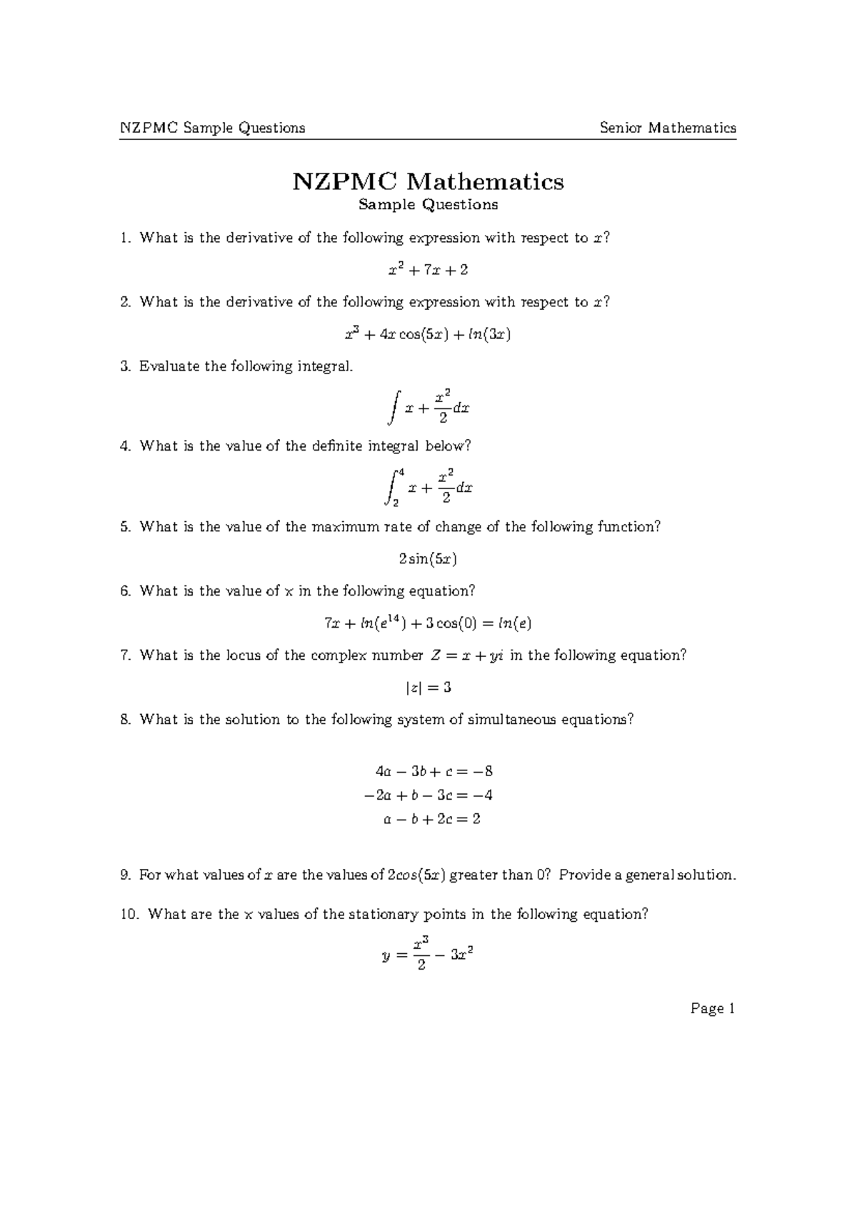 Senior Mathematics Sample Questions - NZPMC Sample Questions Senior ...