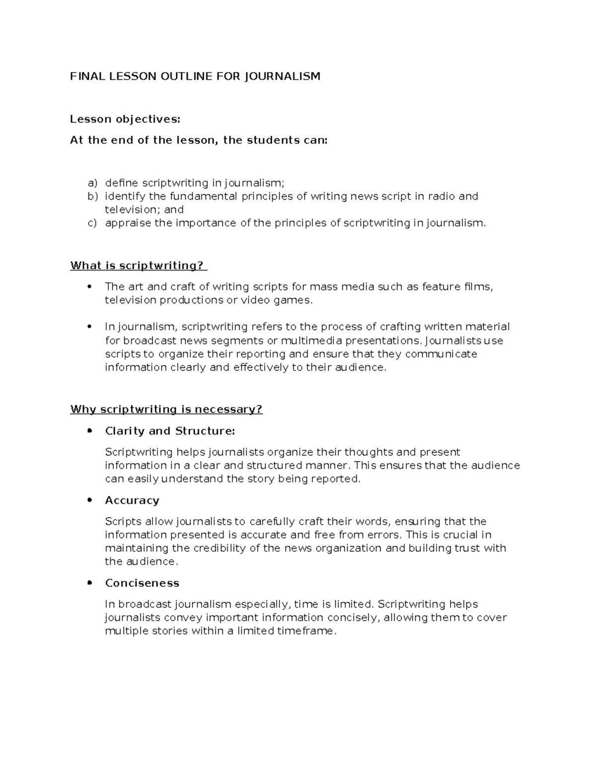 Final Lesson Outline FOR Journalism - FINAL LESSON OUTLINE FOR ...