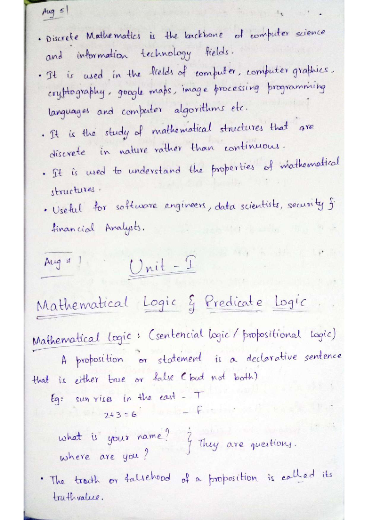 DM Unit-1 - no - Aug 51 Discrete Mathematics is the backbone of computer science and information ...