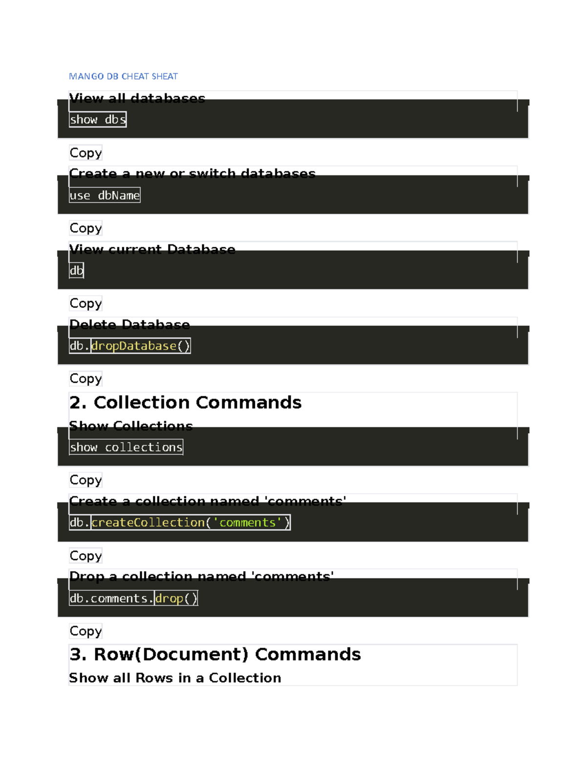 Mango DB Cheat Sheat - MANGO DB CHEAT SHEAT View all databases show dbs ...
