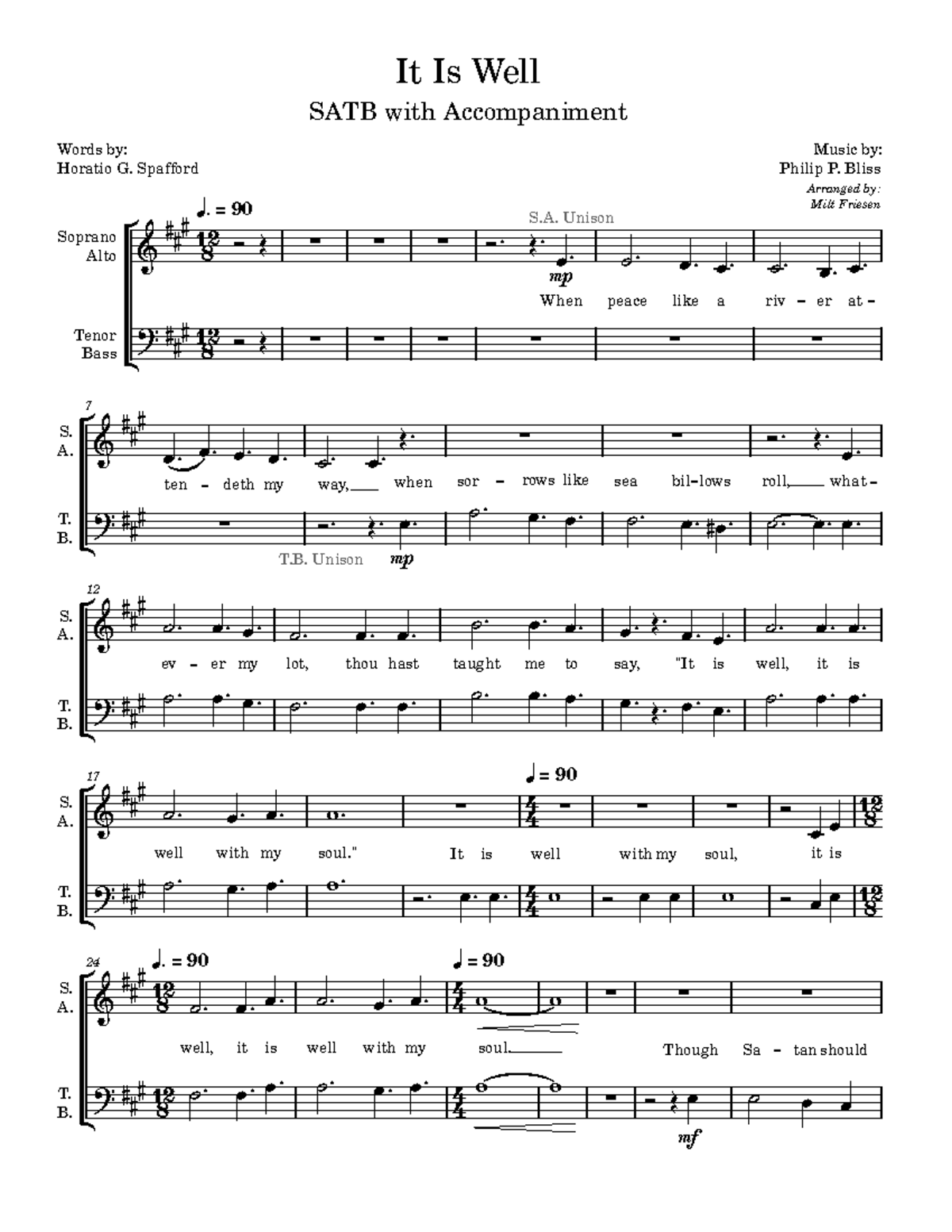 It Is Well - Music Sheet - Arranged by: Milt Friesen Music by: Philip P ...