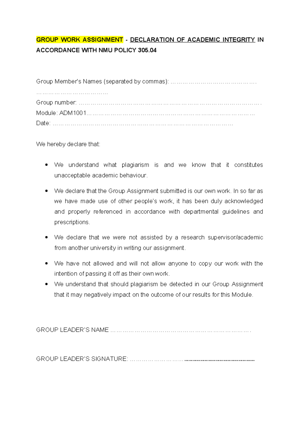 2024 NMU- Group Assignment - Declaration-of-academic-integrity - GROUP ...