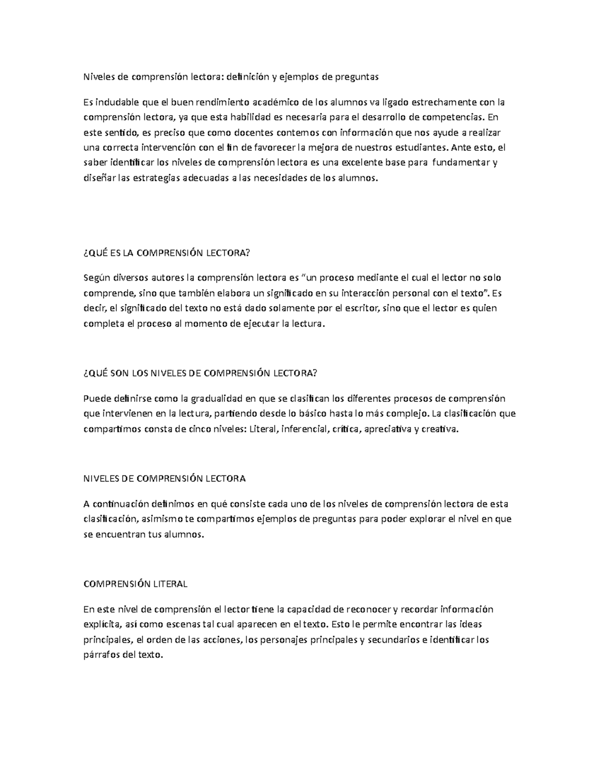 Niveles de comprensión lectora - Niveles de comprensión lectora: definición y ejemplos de ...