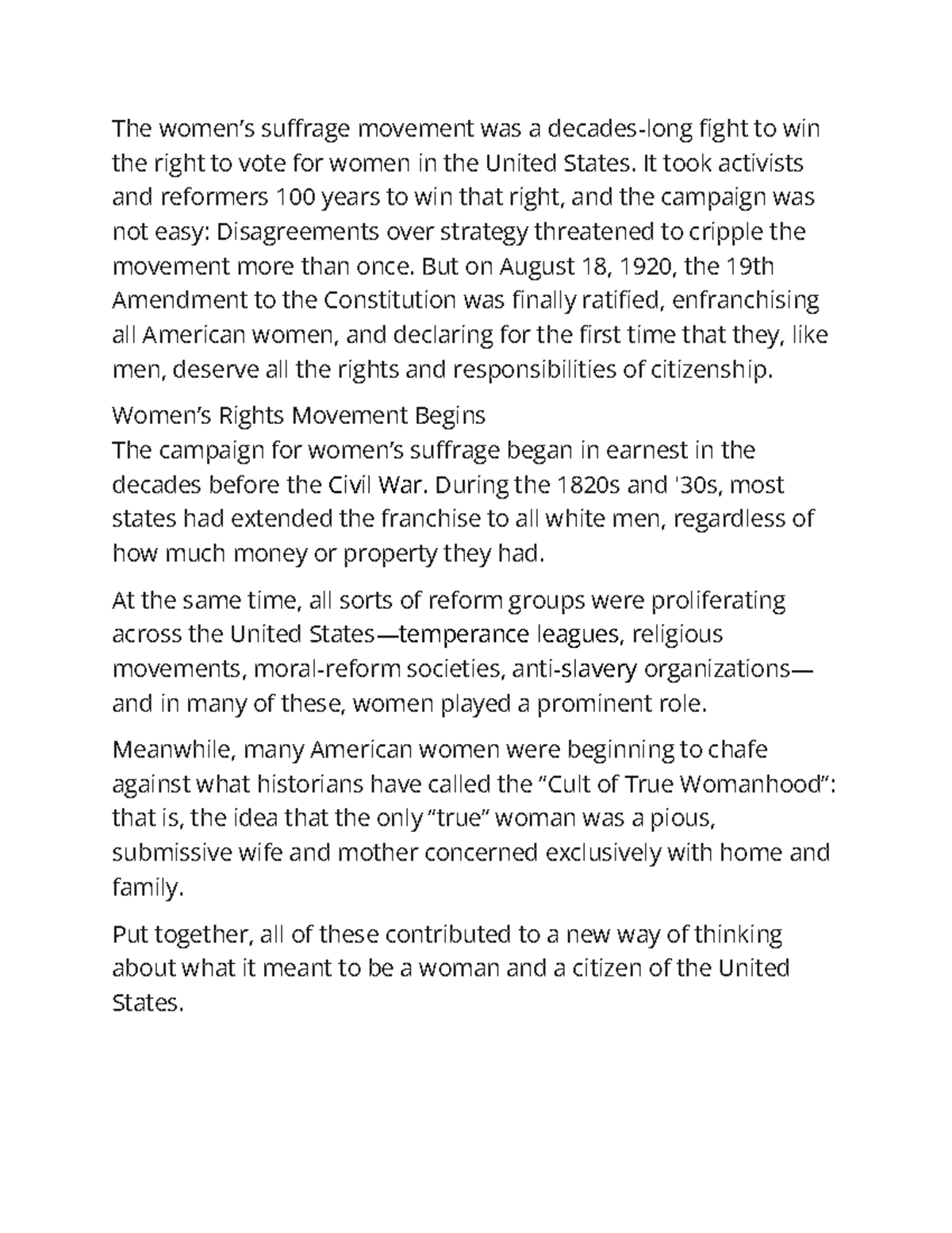 Womens Sufferage Notes - The women’s suffrage movement was a decades ...