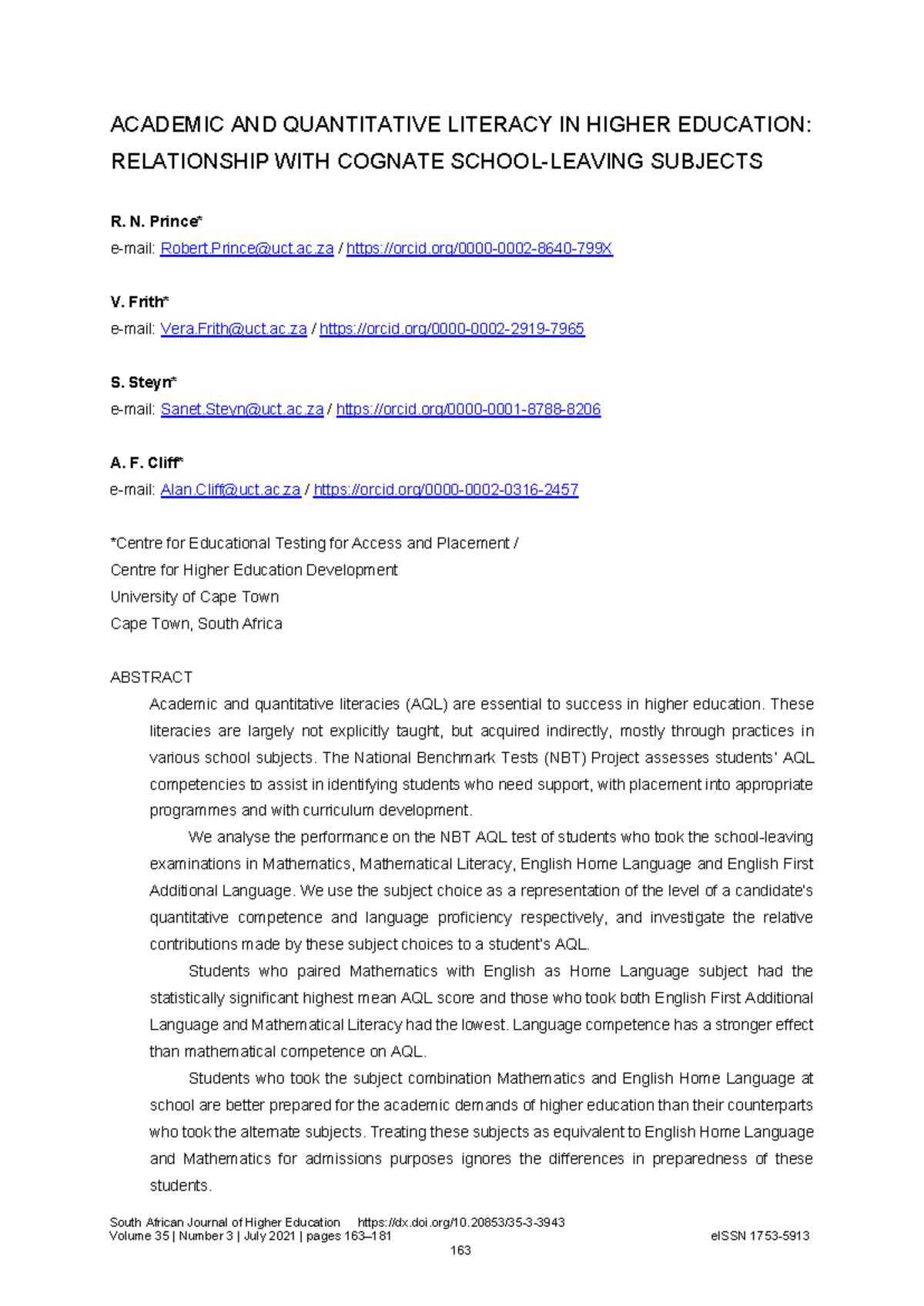 Prince et al 2021 academic and quantitative literacy in higher ...