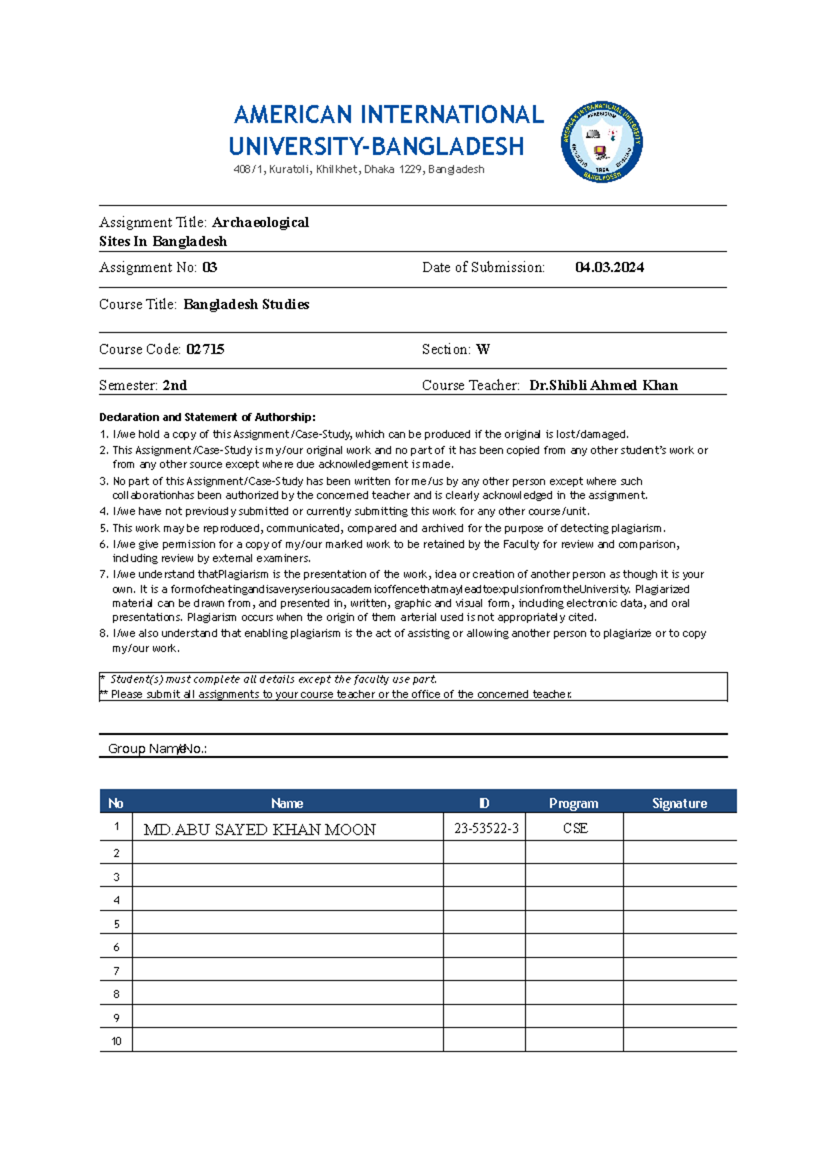AIUB Assignment Cover Sheet - AMERICAN INTERNATIONAL UNIVERSITY ...