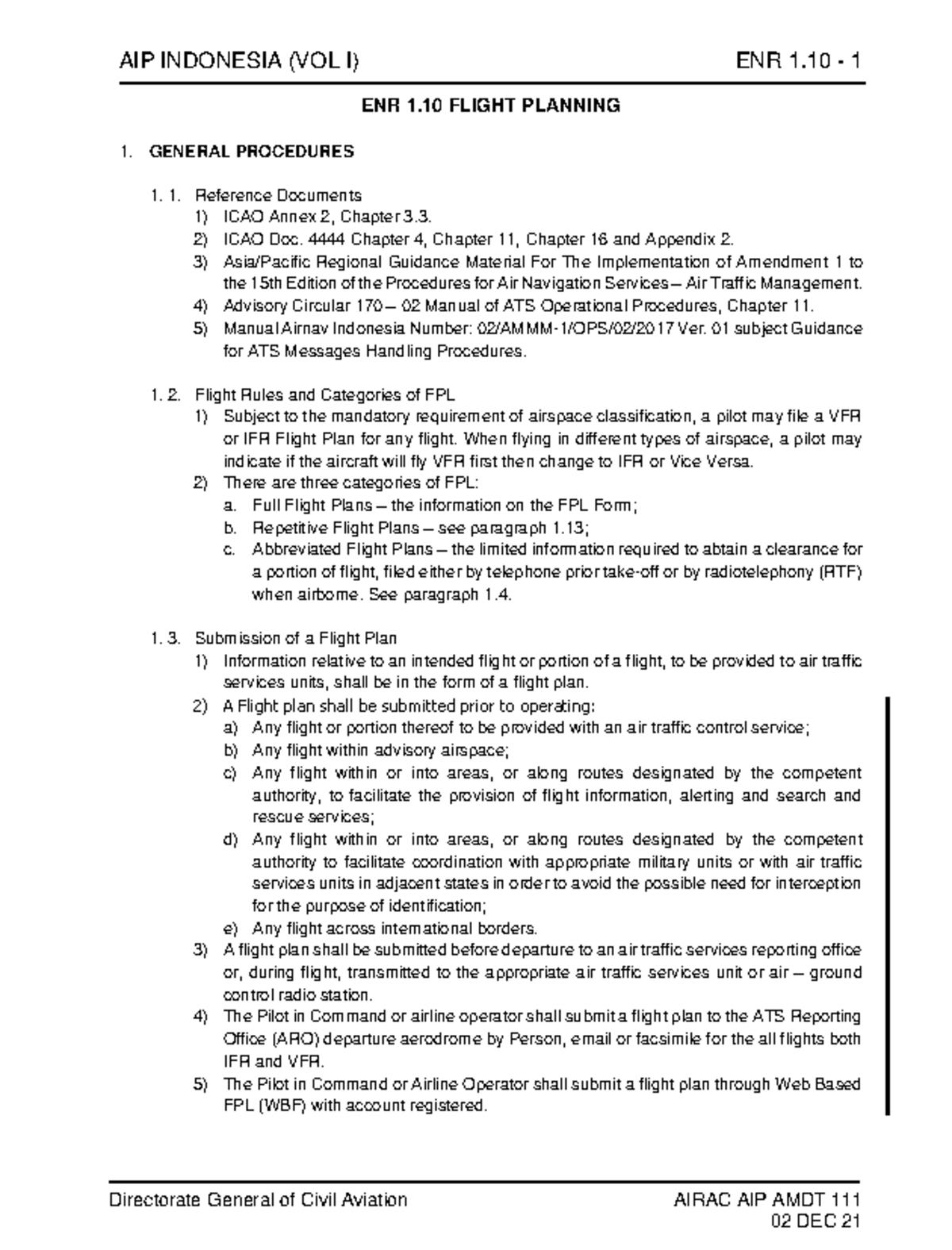 Airac AIP AMDT 111 21 OCT 21 (ENR 1.10 Flight Planning & ENR 1.11 Addressing OF Flight PLAN ...