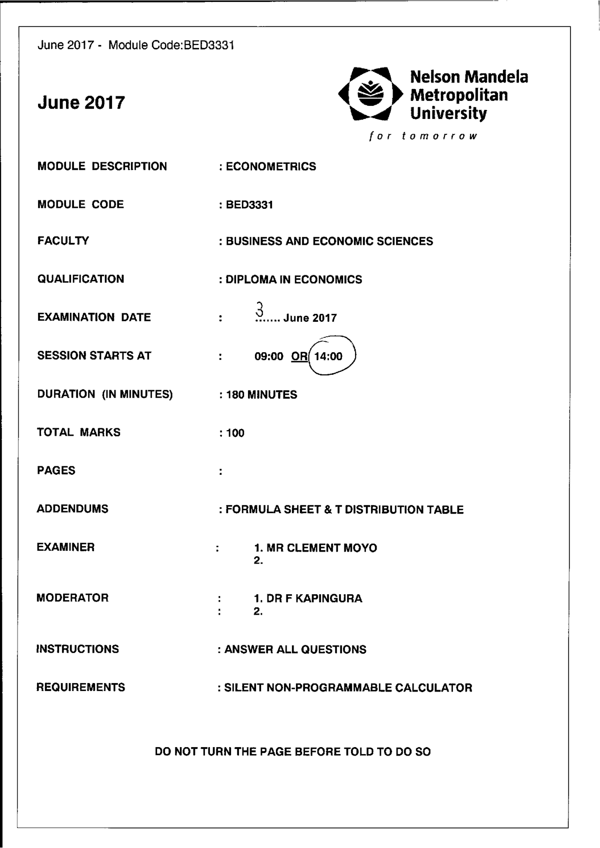 BED3331 JUNE 2017 - June 2017 Module Code: Nelson Mandela June 2017 ...
