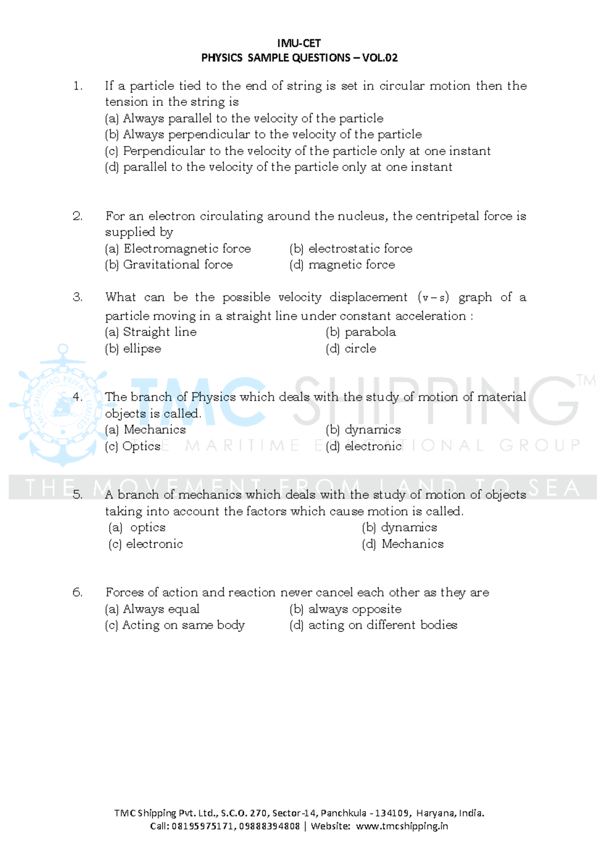 Physics IMU CET Sample Questions 04 - PHYSICS SAMPLE QUESTIONS – VOL ...