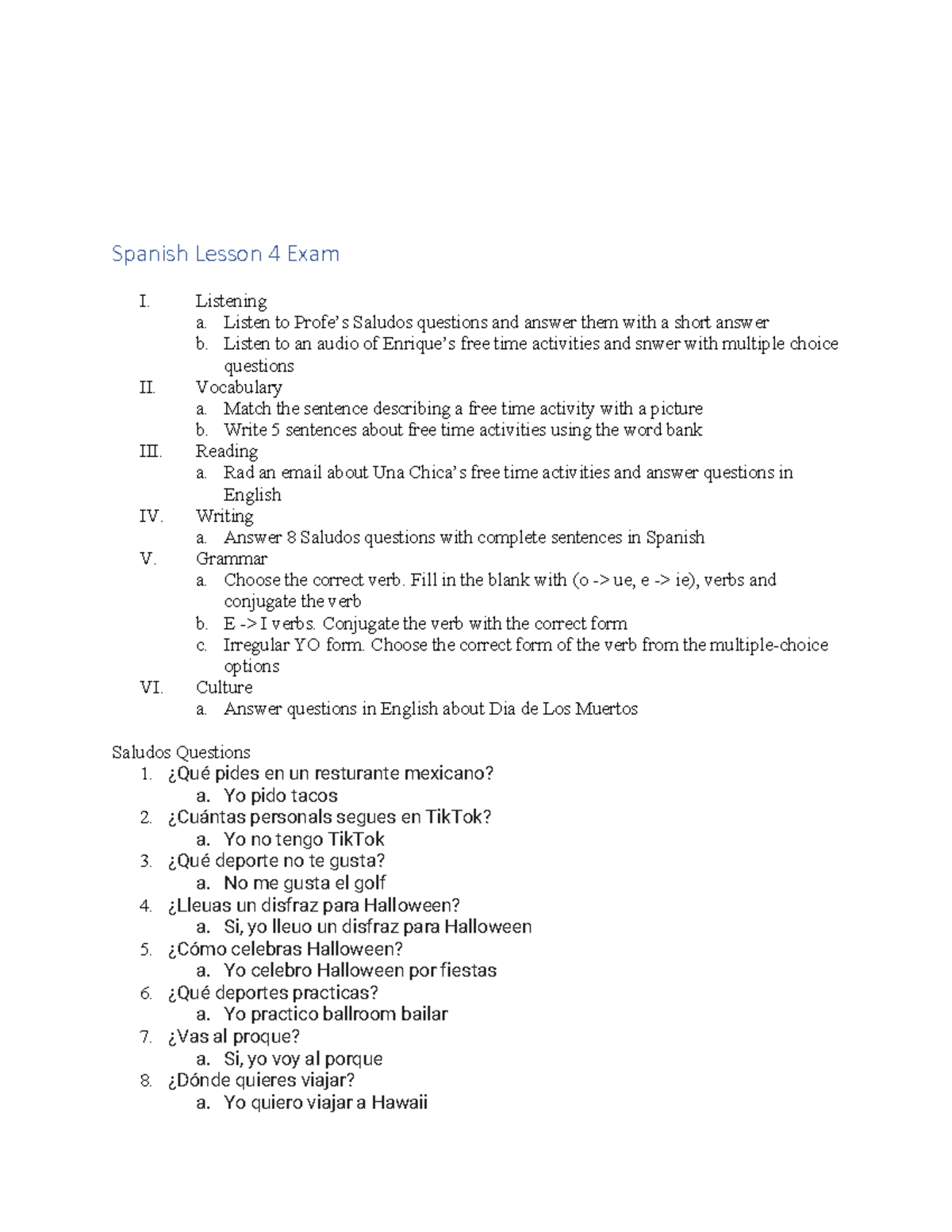 Spanish Exam review lesson 4 - Spanish Lesson 4 Exam I. Listening a ...