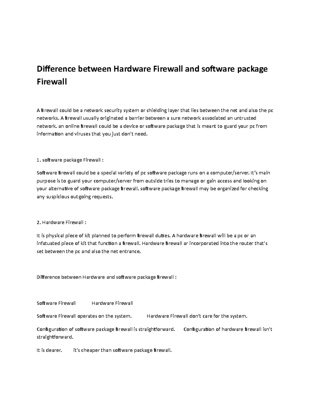 Difference between Hardware Firewall and software package Firewall - A ...