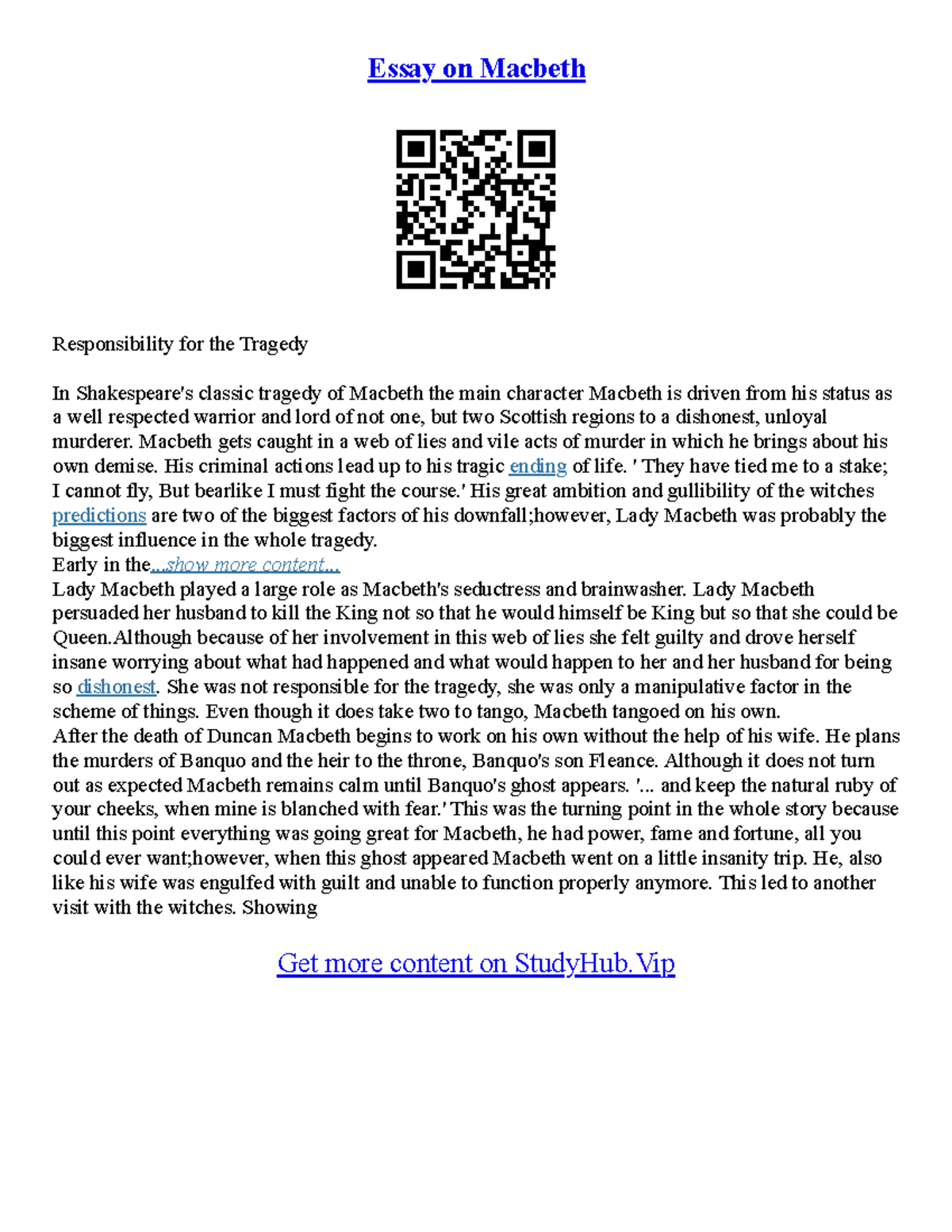 Essay Questions For Macbeth - Essay on Macbeth Responsibility for the ...