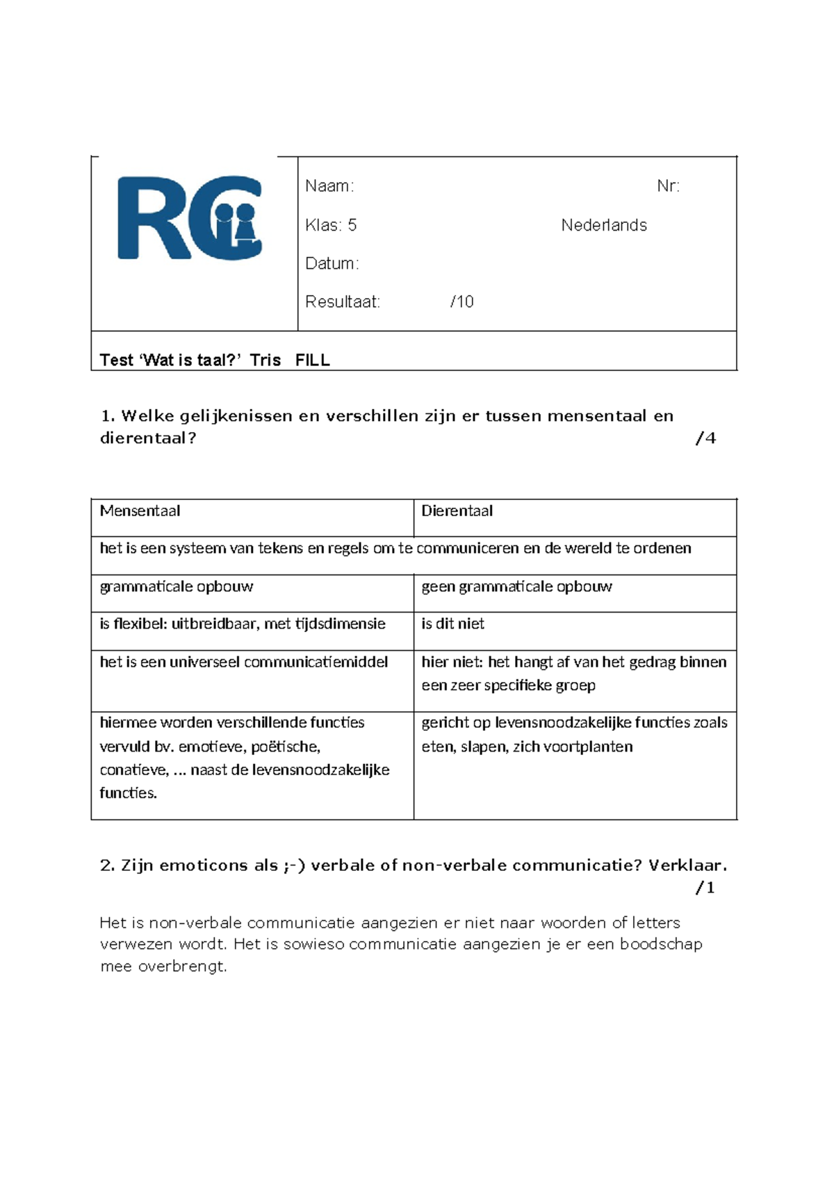 TEST OVER TAAL 2021 tris FILL - Naam: Nr: Klas: 5 Nederlands Datum ...