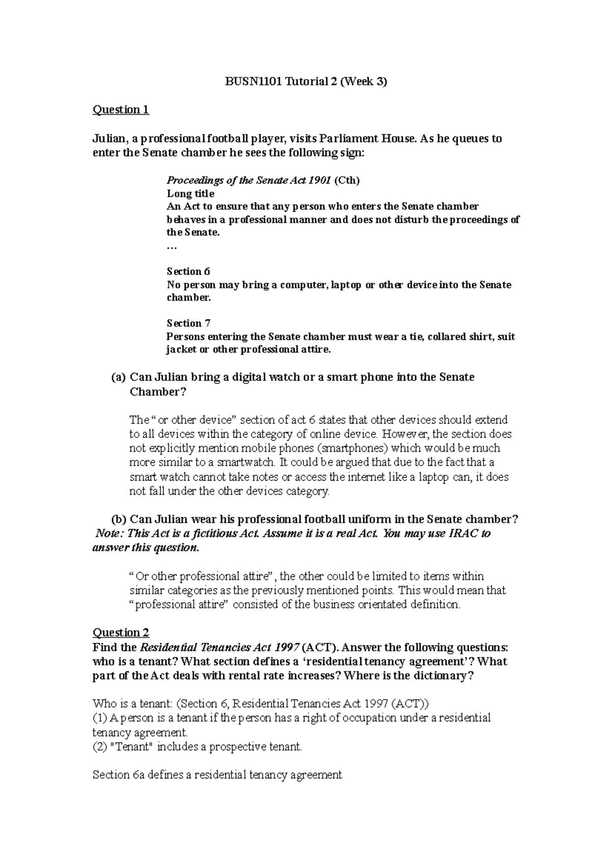 Tutorial 2 (Week 3) - yes - BUSN1101 Tutorial 2 (Week 3) Question 1 Julian, a professional ...