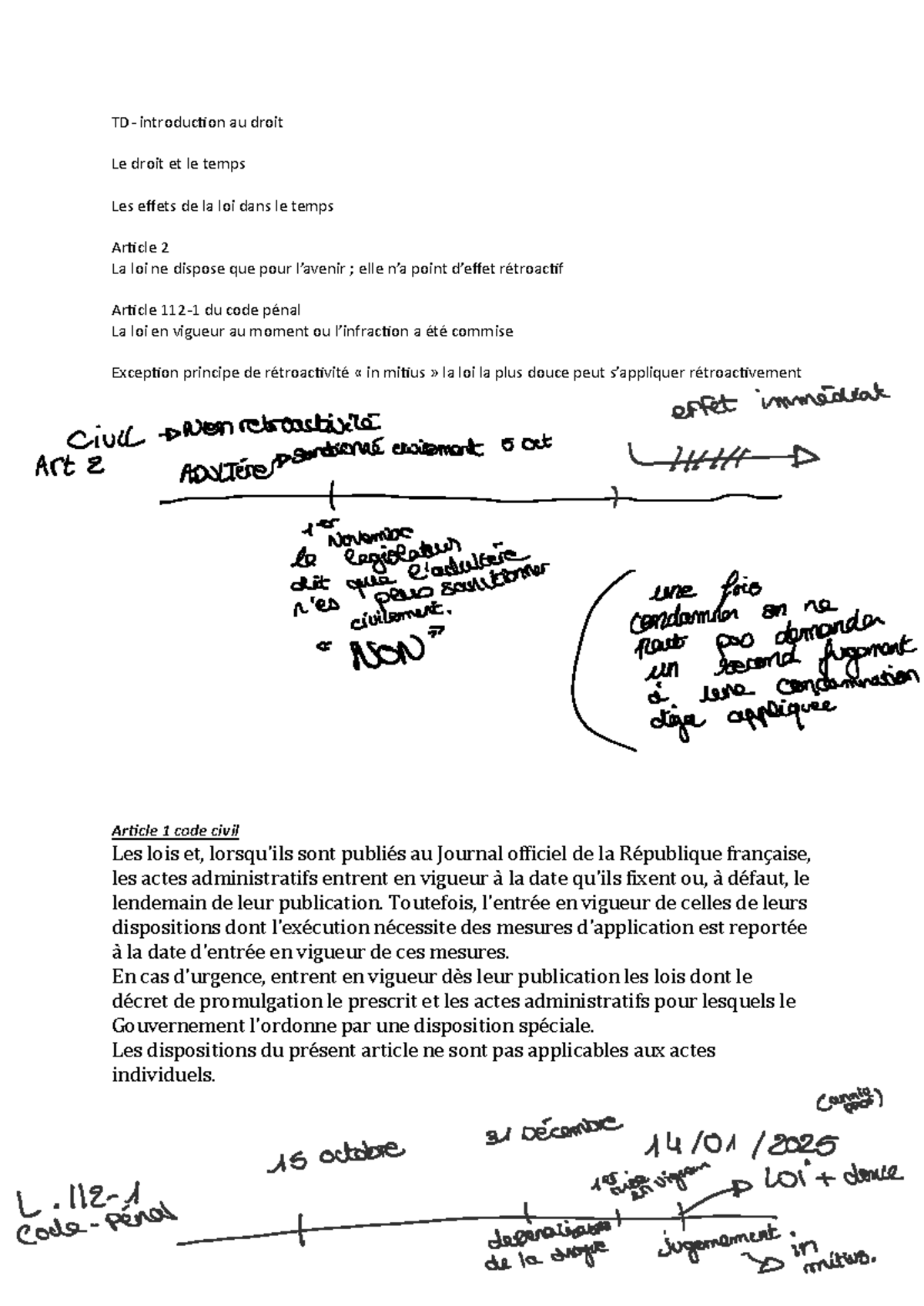 Td intro au droit - Cours - TD- introduction au droit Le droit et le temps Les effets de la loi ...
