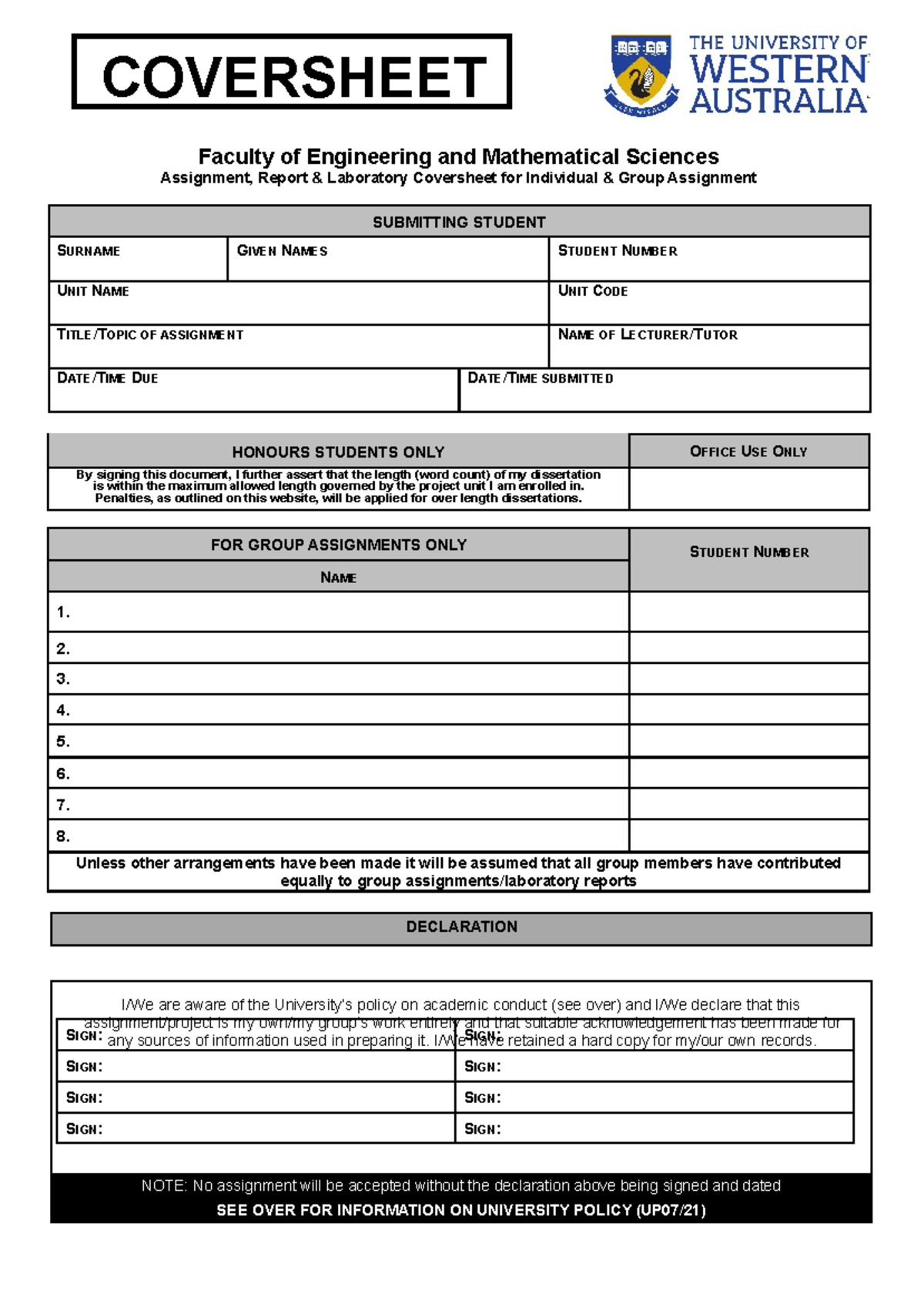 Lab 1 Coversheet - Lecture notes 2 - COVERSHEET Faculty of Engineering ...