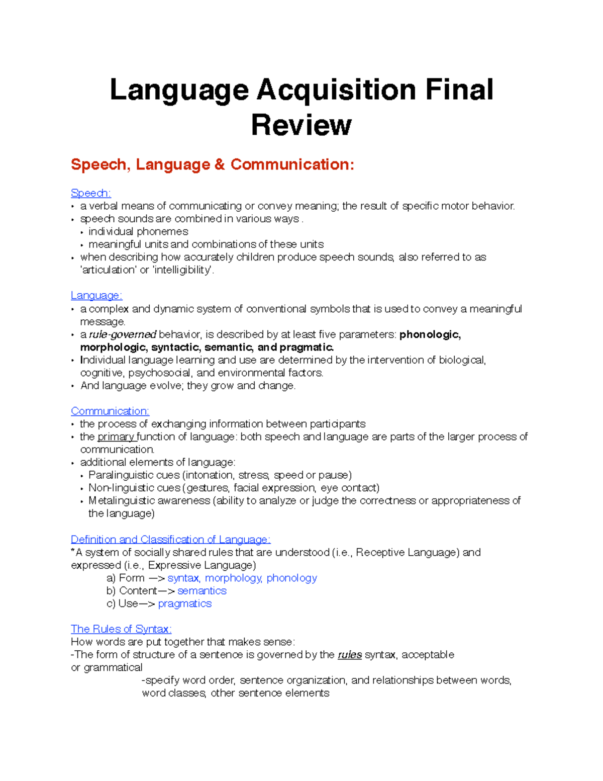 LA Review - Language Acquisition Final Review Speech, Language ...