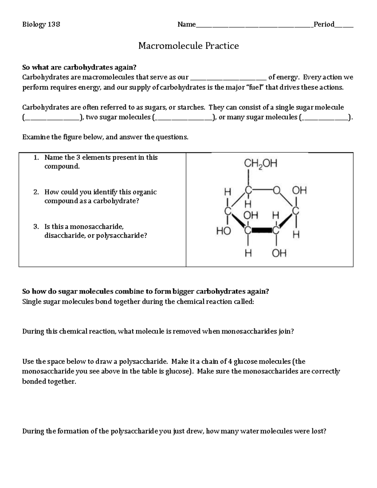 Macromolecules Practice Sheet - Biology 138 - Studocu