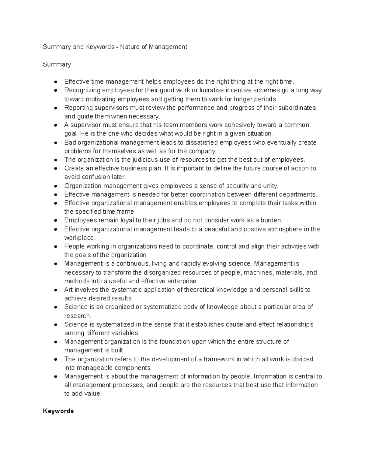 Summary and Keywords - Nature of Management - Summary and Keywords ...