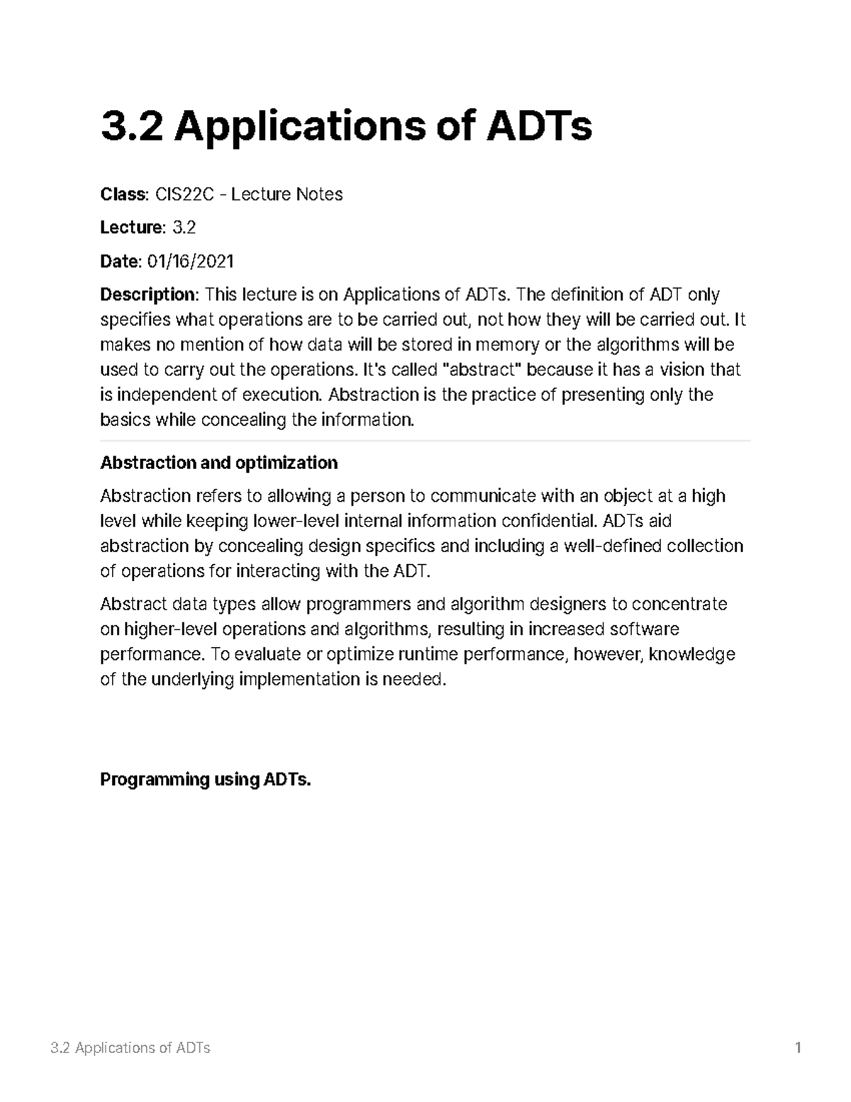 3.2 Applications of ADTs - 3 Applications of ADTs Class : CIS22C ...
