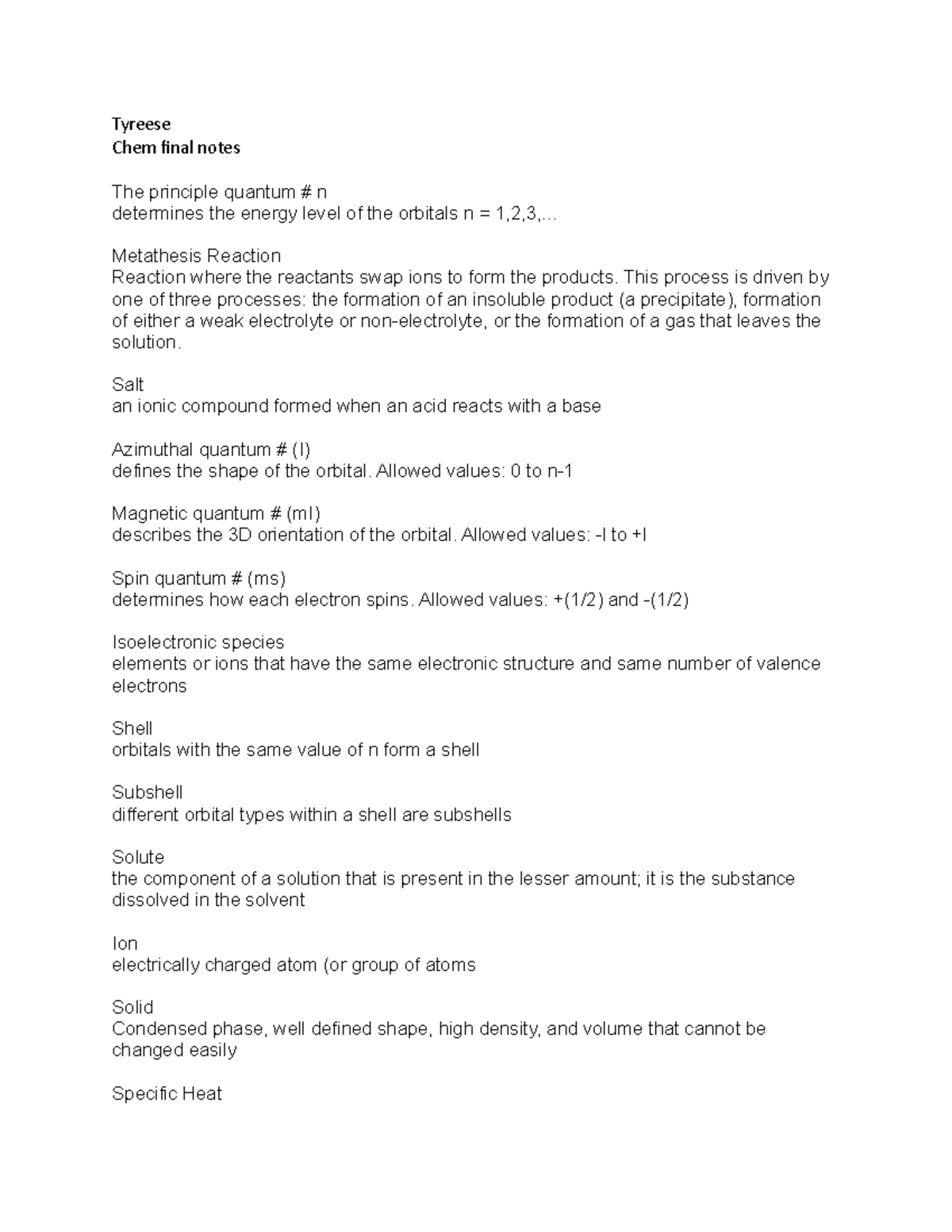 5 chem - final notes - Tyreese Chem final notes The principle quantum ...