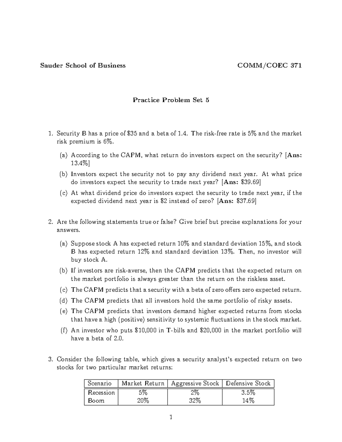 Practice Sheet 5 - Sauder School of Business COMM/COEC 371 Practice ...