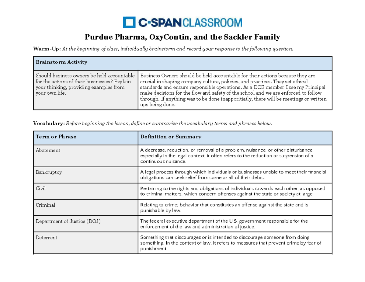 Sackler Graphic Organizer - Purdue Pharma, OxyContin, and the Sackler ...